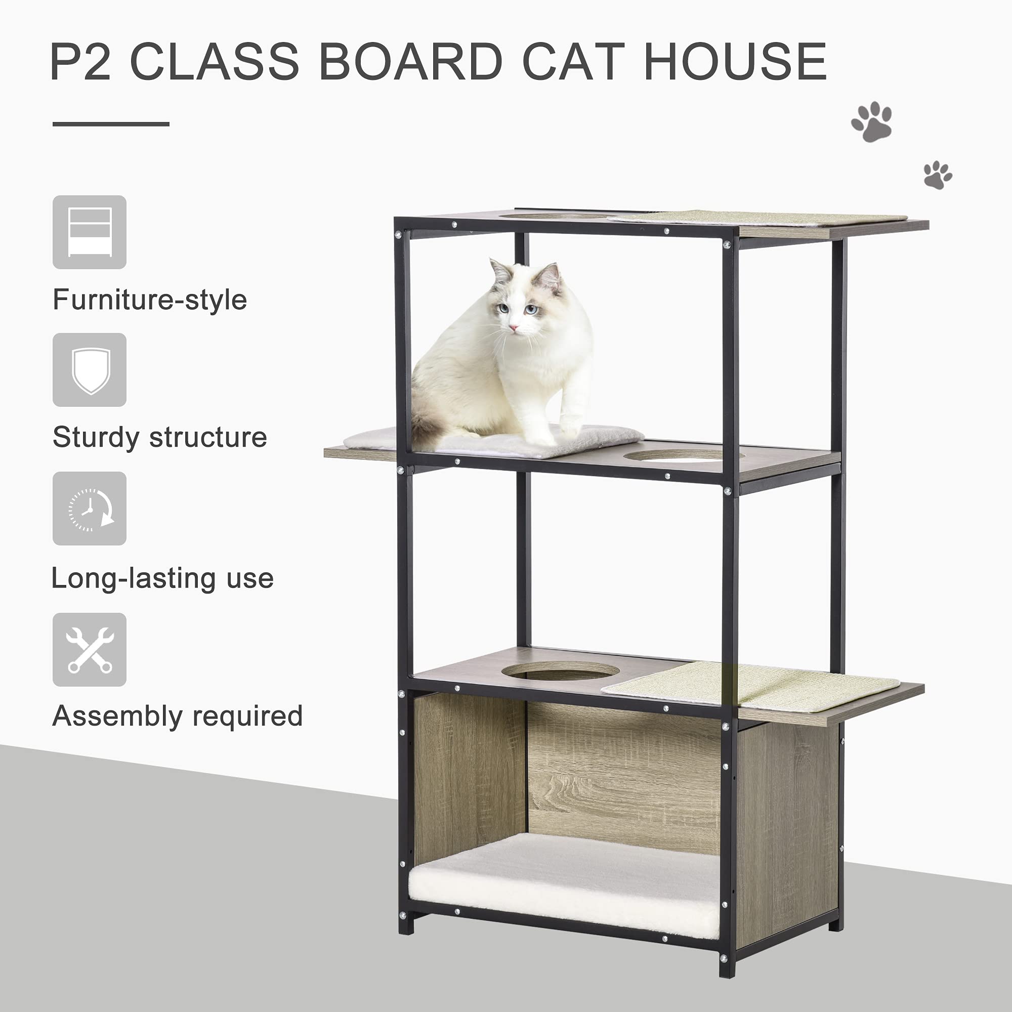 PawHut 48" H Cat House Cat Activity Tower Shelf Furniture with 3 Climbing Platforms, 1 Condo, Scratch Pad and Removable Cushions, Grey/Black