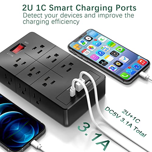 Power Strip with USB C - 12 Widely Outlets with 2 USB Charging Ports+1 USB C Total 3.1 A, 6 ft Long Heavy Duty Extension Cord,Overload Surge Protection, Surge Protector Wall Mount for Home (Black)