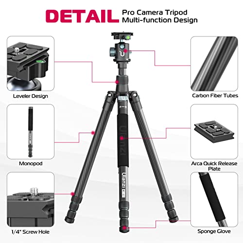 ULANZI MT-61 Professional Camera Tripod, 68.5" Lightweight Carbon Fiber Trabel Tripod with Arca Quick Release 1/4" Screw & 360° Ballhead, for Most Cameras/DSLR/Projector, Weight 3.55lbs, Maxload 33lbs