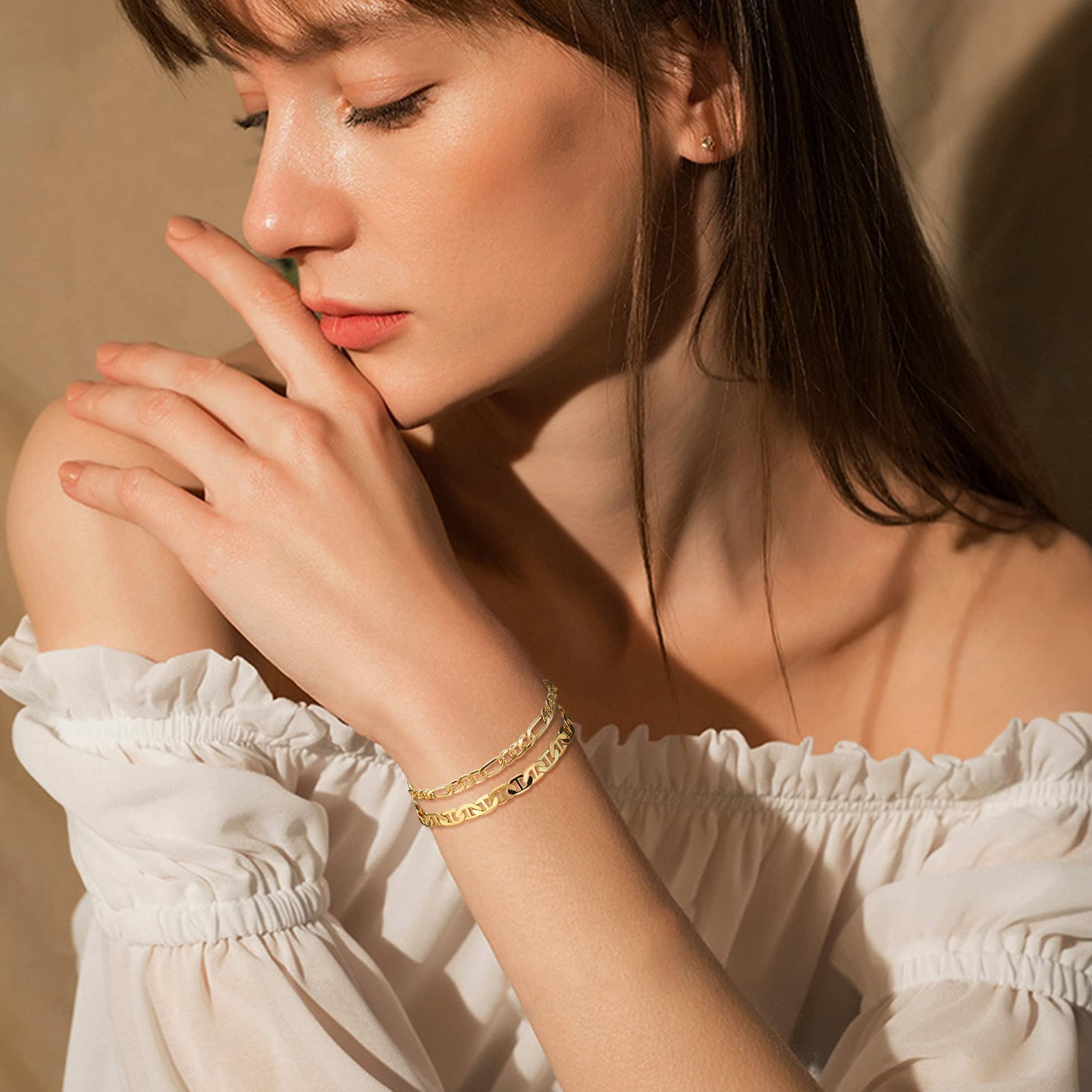 SAILIMUE 16Pcs Gold Chain Bracelet for Women 14K Gold Plated Stacked Beaded Bracelets Dainty Stackable Layered Metal Link Bracelet Sets Adjustable