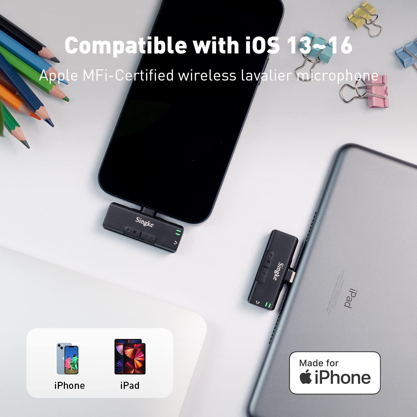 Singke 【Apple MFi-Certified】 Wireless Lavalier Microphone for iPhone/iPad with 3 Mode Smart Noise Cancellation Charging Case 2.4G Lapel MIC for Video Audio Recording/YouTube/TIK Tok/Interview/Vlog