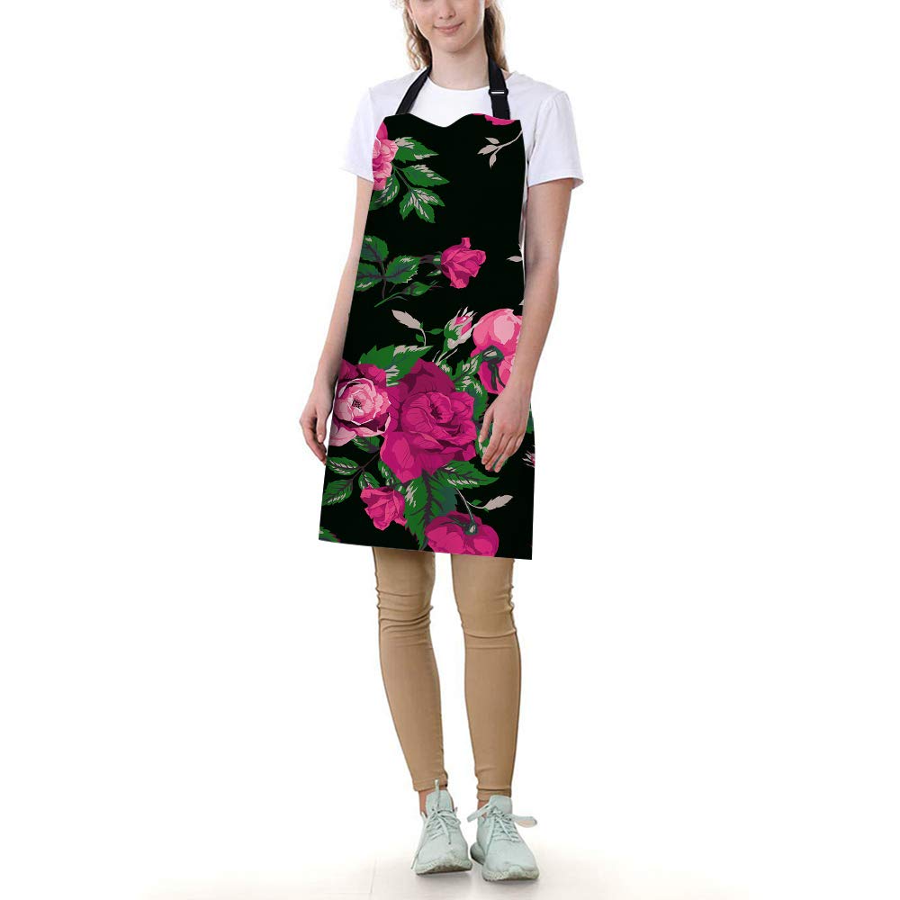 SSOIU Rose Cooking Apron, Red Rose Flower Pink Floral Black Kitchen Apron For Baking/BBQ Men Women Unisex Waterproof 31X27 Inches