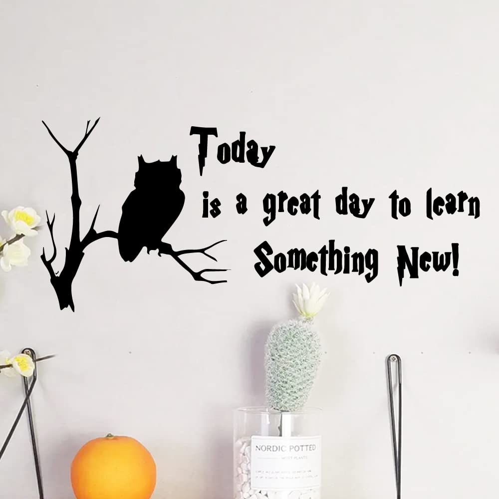 Today is a Great Day to Learn Something New Owl on Tree - Carved Black Vinyl Wall Decal Magic Halloween Fonts Art Letters for Kids Room Decor Non-Printed Sticker Without Edges