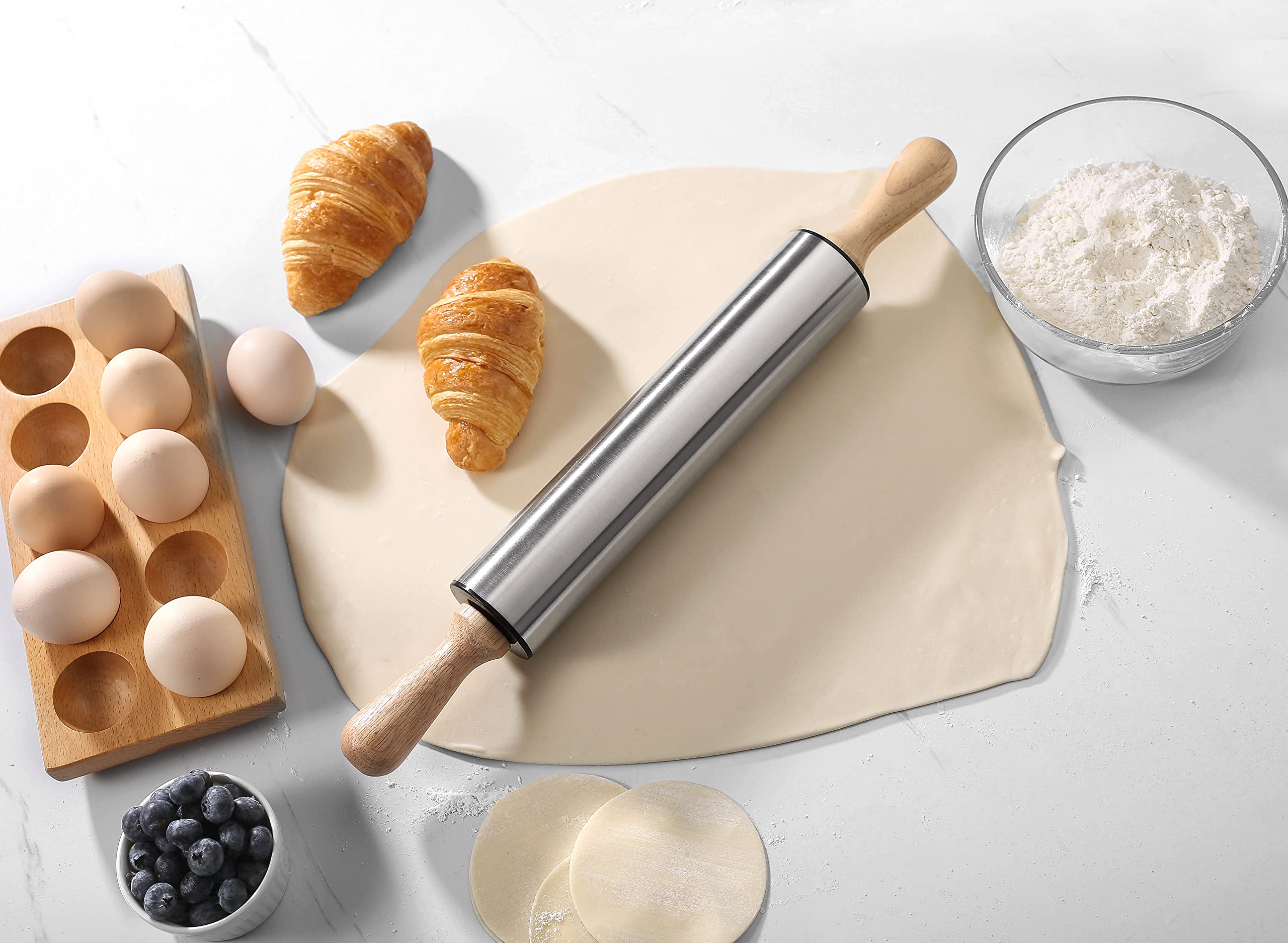 Rolling Pin with Wooden handle,9.6inch Stainless Steel Roller, rolling pins for baking,Which can be used to make Pizza, Pie Crust, Cookies, Pastry,sugar,Pasta and other dough.By Amber&Sean
