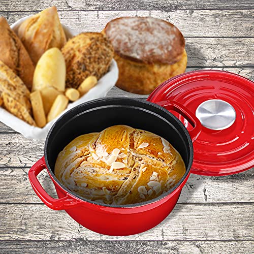 Puricon 4.9 QT Non-Stick Enameled Cast Iron Dutch Oven with Lid, 4.9 Quart Round Enamel Cast Iron Skillet with Loop Handles -Red