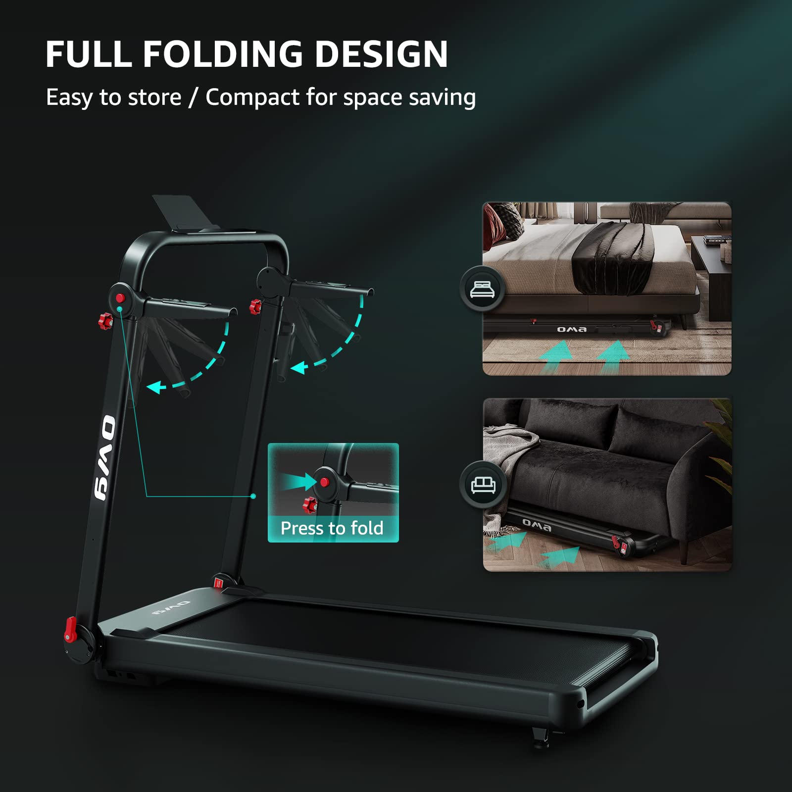 OMA 1017EB Folding Treadmill with 17.7'' Wider Belt,, 2.5HP 300 LB Capacity, Compact, Space Saving for Home with 36 Preset Programs, LED Display, Easy to Fold