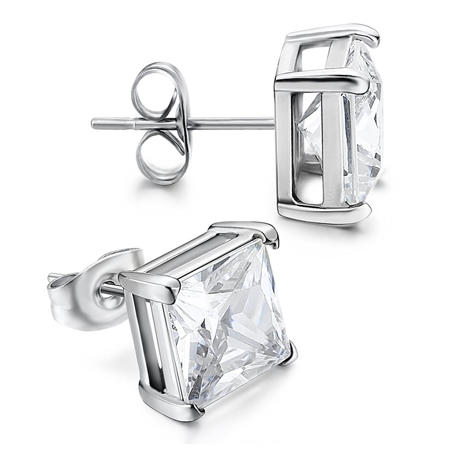 LIEBLICH Princess Cut Cubic Zirconia Stud Earrings Stainless Steel Square Earrings Set 4 Pairs 3mm-6mm (Silver)