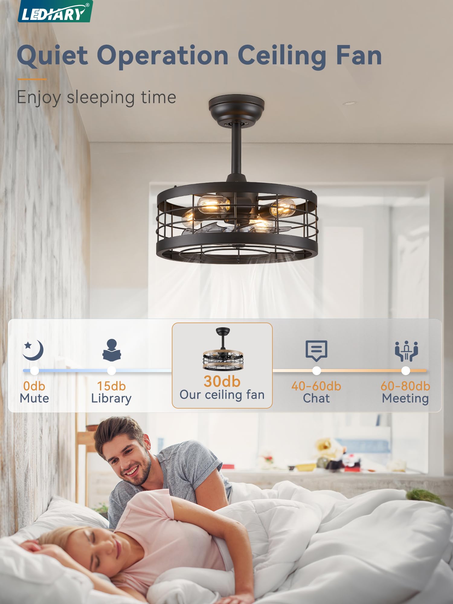 LEDIARY 16.5 inch Black Caged Ceiling Fan with Light, Bladeless Industrial Ceiling Fan with Remote, Farmhouse Fan Lights Ceiling Fixtures for Kitchen, Bedroom, Outdoor(6 Speed, Timing)-Black