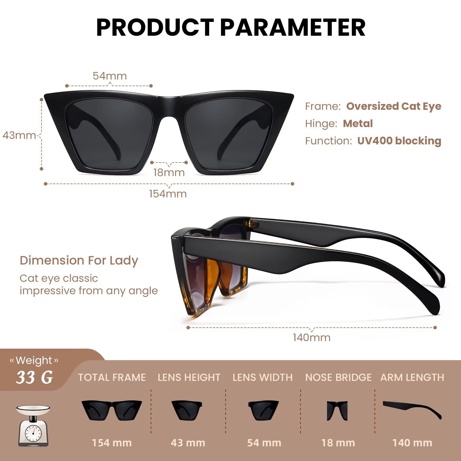 racico Trendy Cat Eye Sunglasses Women - 2 pack Vintage Oversized Cateye Style Square Sun Glasses Women Men