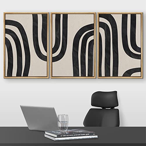 wall26 Framed Canvas Wall Art Print Set Black & Tan Spiral Polygon Collage Abstract Patterns Illustrations Modern Art Mid-Century Modern Colorful for Living Room, Bedroom, Office - 16"x24"x3 Natural