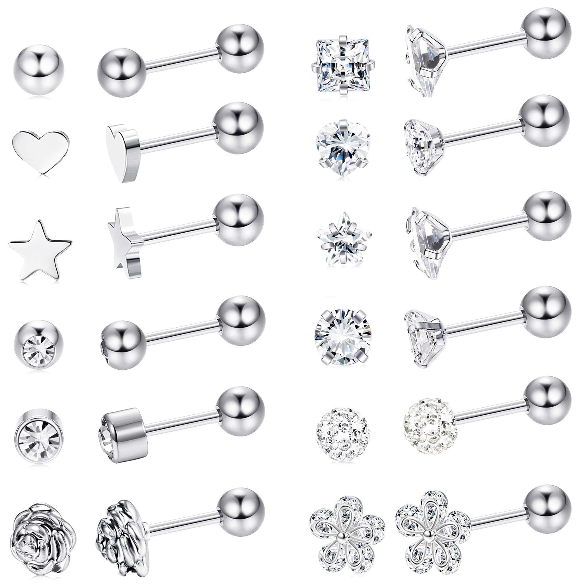 LOYALLOOK 12 Pairs Stainless Steel Ball Stud Earrings Barbell Cartilage Helix Ear Piercing 3-6mm 2 Colors (18G 12 Pairs Silver Tone 4mm)