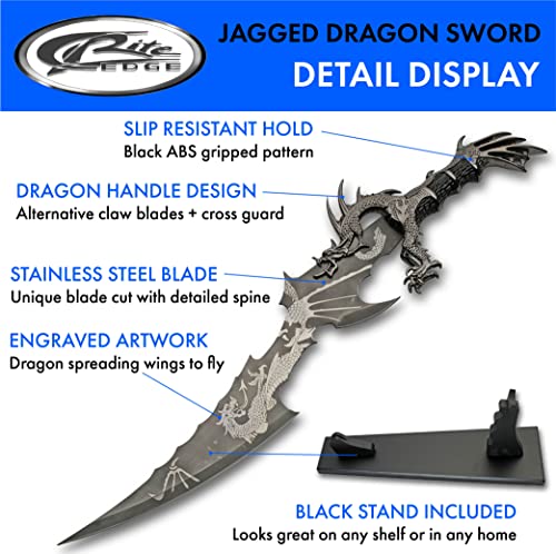 SZCO Supplies 926966 Jagged Dragon Printed Display Fantasy Sword with Wooden Display Stand, 21" Length