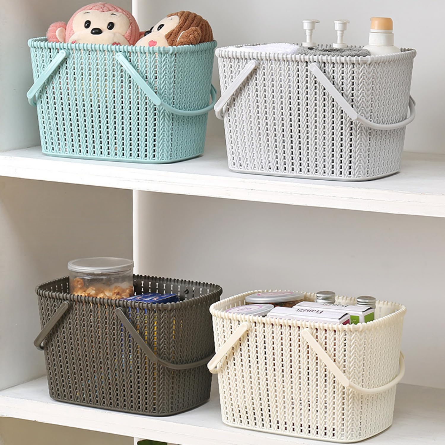 NIOIPXA Multi-purpose Plastic Imitated Rattan Woven Storage Basket with Handles, Household Basket (Blue)