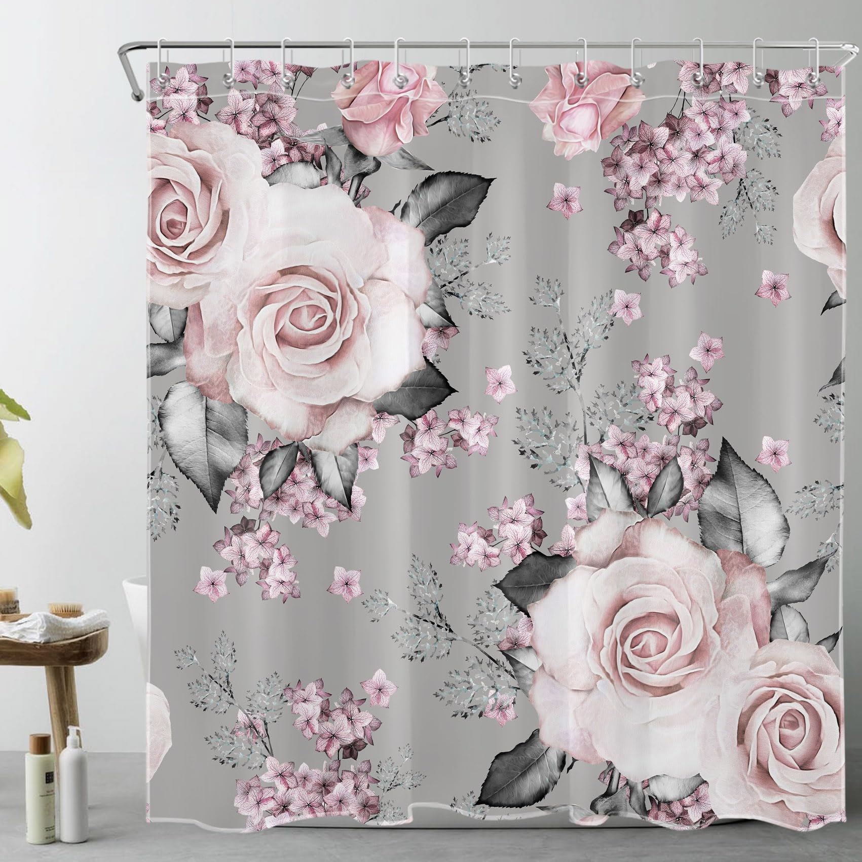 LB Pink Peony Floral Shower Curtain for Bathroom, Farmhouse Wildflower with Grey Leaf Fabric Shower Curtain with Hooks, Country Nature Plant Bathroom Curtain Shower Set, 72" W x 72" L