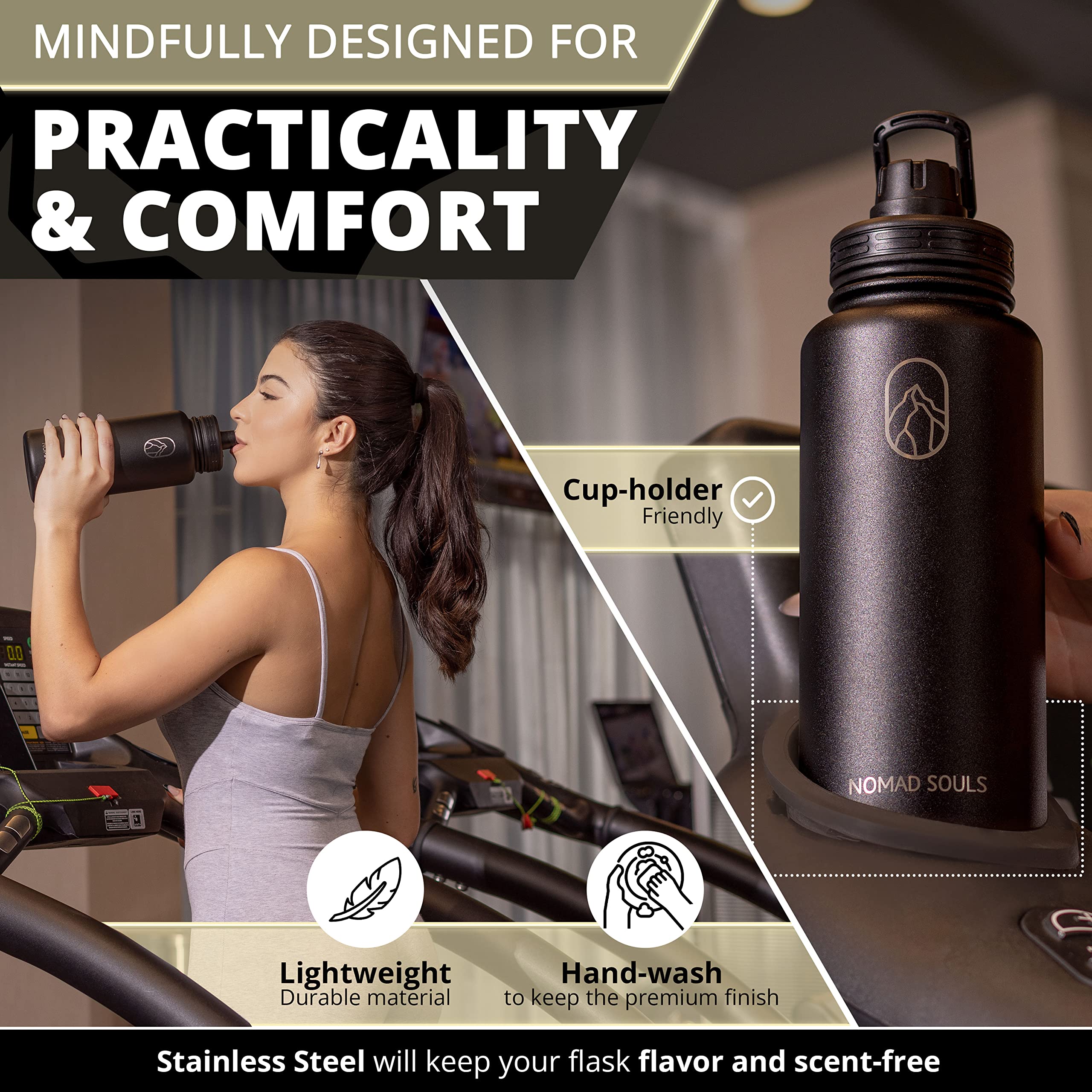 Nomad Souls Water Bottle 32 ounces. Keeps Drinks Hot & Cold - Perfect for Hiking, Cycling, and Sports - Black