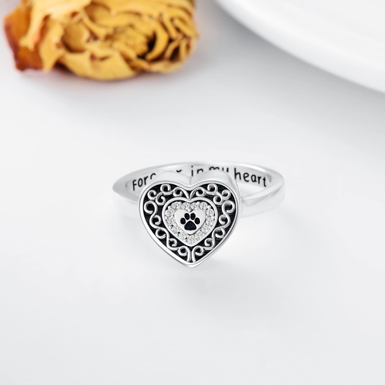 PEIMKO 925 Sterling Silver Heart Urn Rings Engraved Forever in My Heart Paw Print Urn Ring,Cremation Keepsake Urn for Ashes Pet Ashes Size 6-8(2)