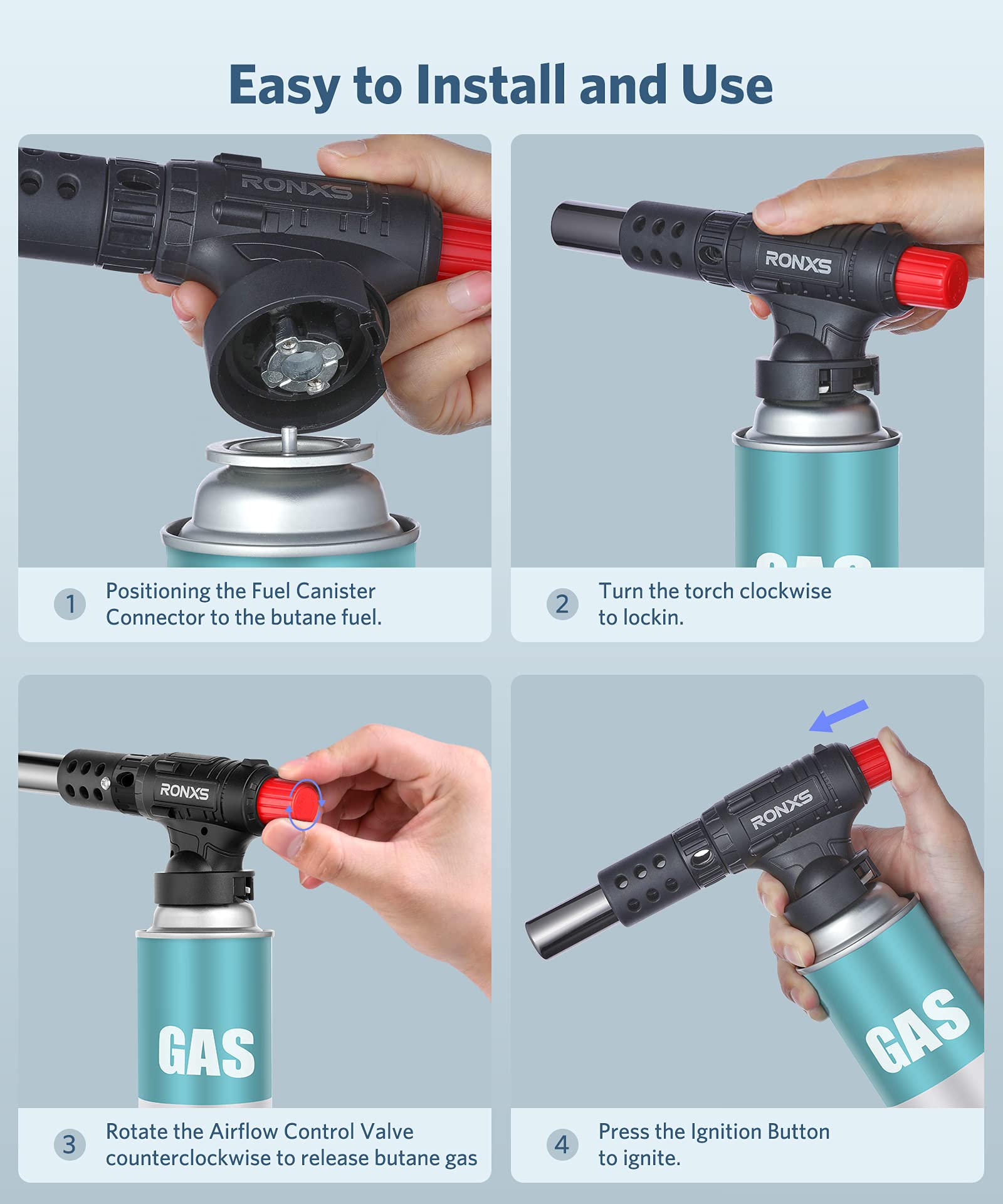 RONXS Butane Torch lighters, 2 Flame Mode Kitchen Cooking Torch with Inverted Use Adjustable Flame Culinary Blow Torch for BBQ, Baking, Sushi, Butane Not Included