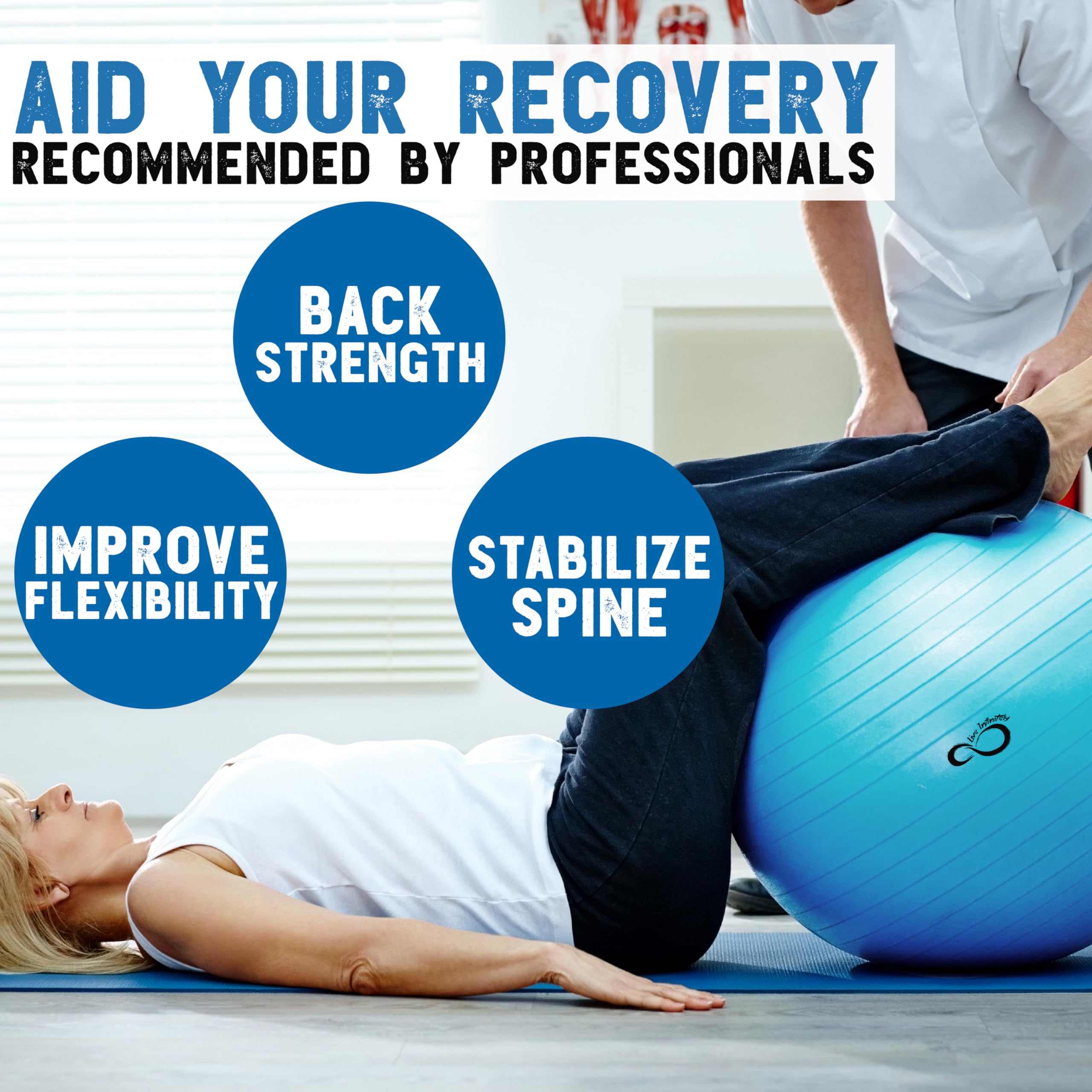 Live Infinitely Exercise Ball (55cm-95cm) Extra Thick Professional Grade Balance & Stability Ball- Anti Burst Tested Supports 2200lbs- Includes Hand Pump & Workout Guide Access