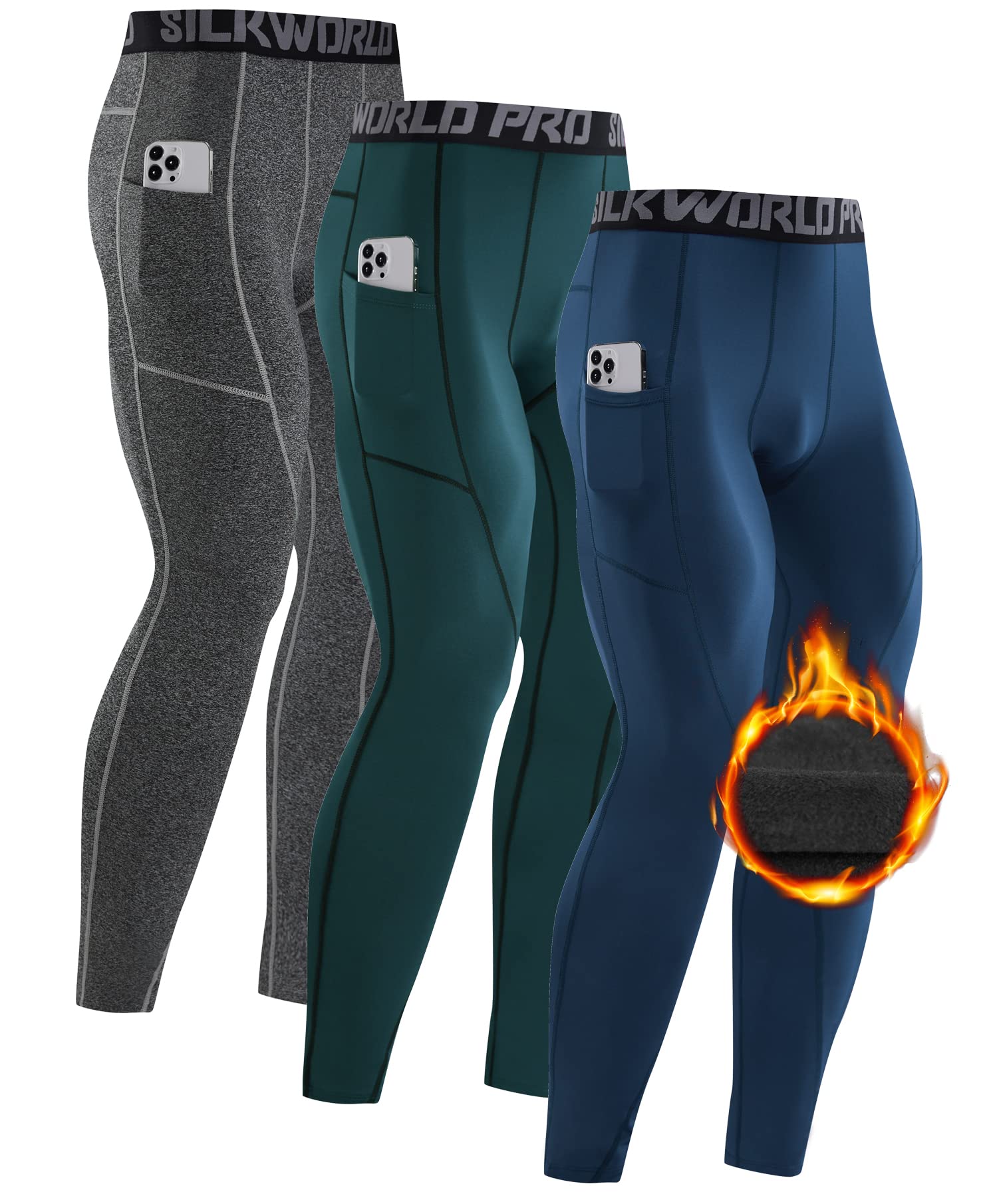 SILKWORLD Thermal Underwear Mens Compression Pants Cold Gear Athletic Gym Leggings with Pockets Winter Base Layer Bottoms,C5_Fleece Lined_3pack_Navy Blue,Hemp Grey,Cyan,3X-Large