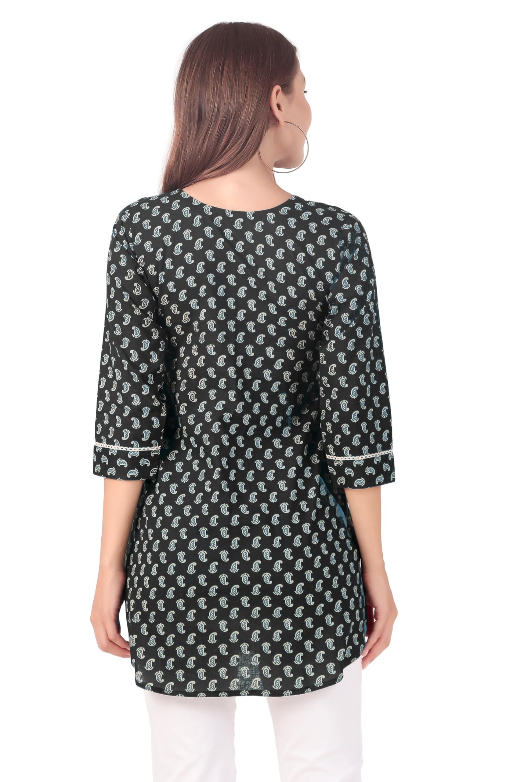 ladyline Cotton Printed Tunic Top Chikankari Embroidered Short Kurti Kurta Womens (CEK NJSP) (46/ Black)