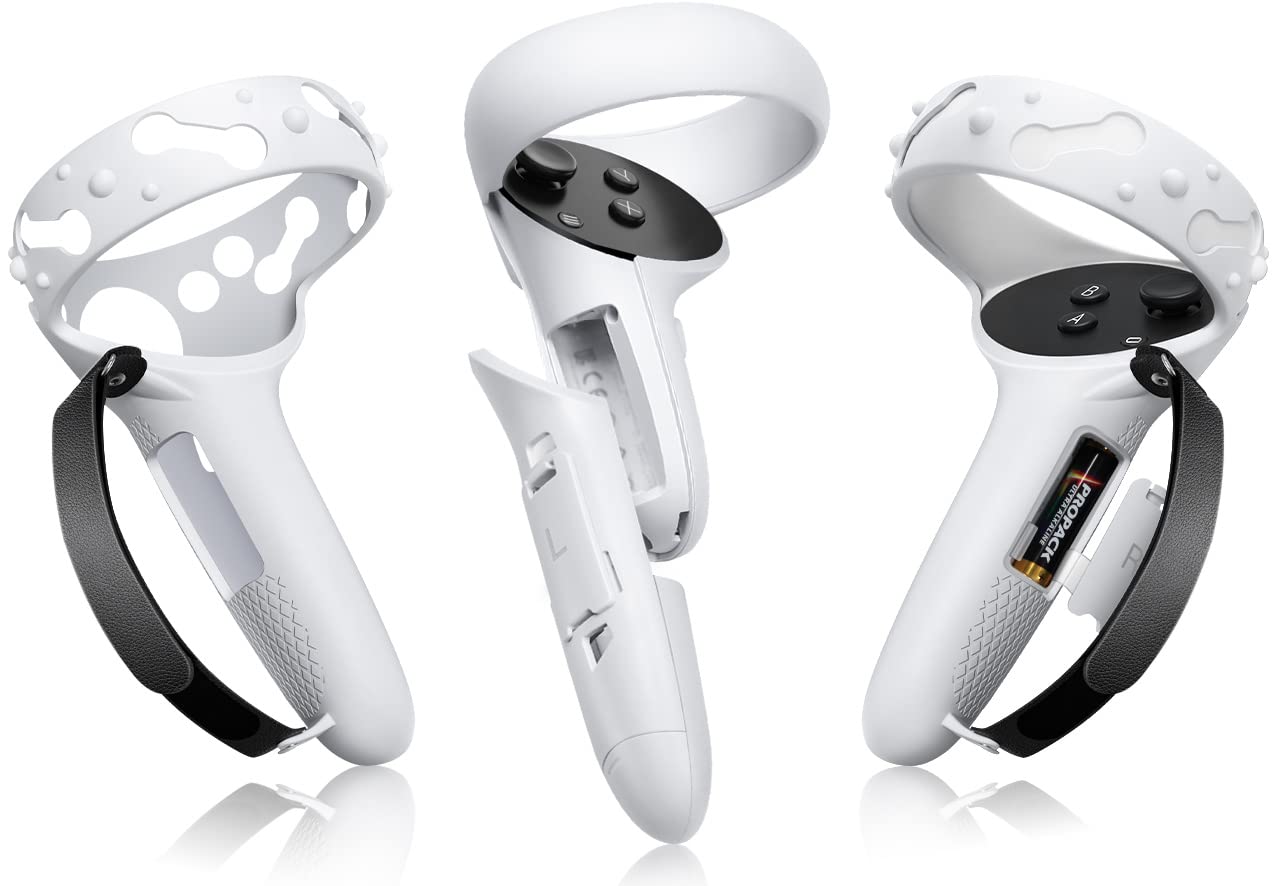 Protector for Oculus Quest 2 Controller Grips for Large Hands, Controller Accessories for Oculus Quest 2, with Knuckle Controller Straps, Silicone/ABS Cover with Battery Opening, Extend 1.7in, White