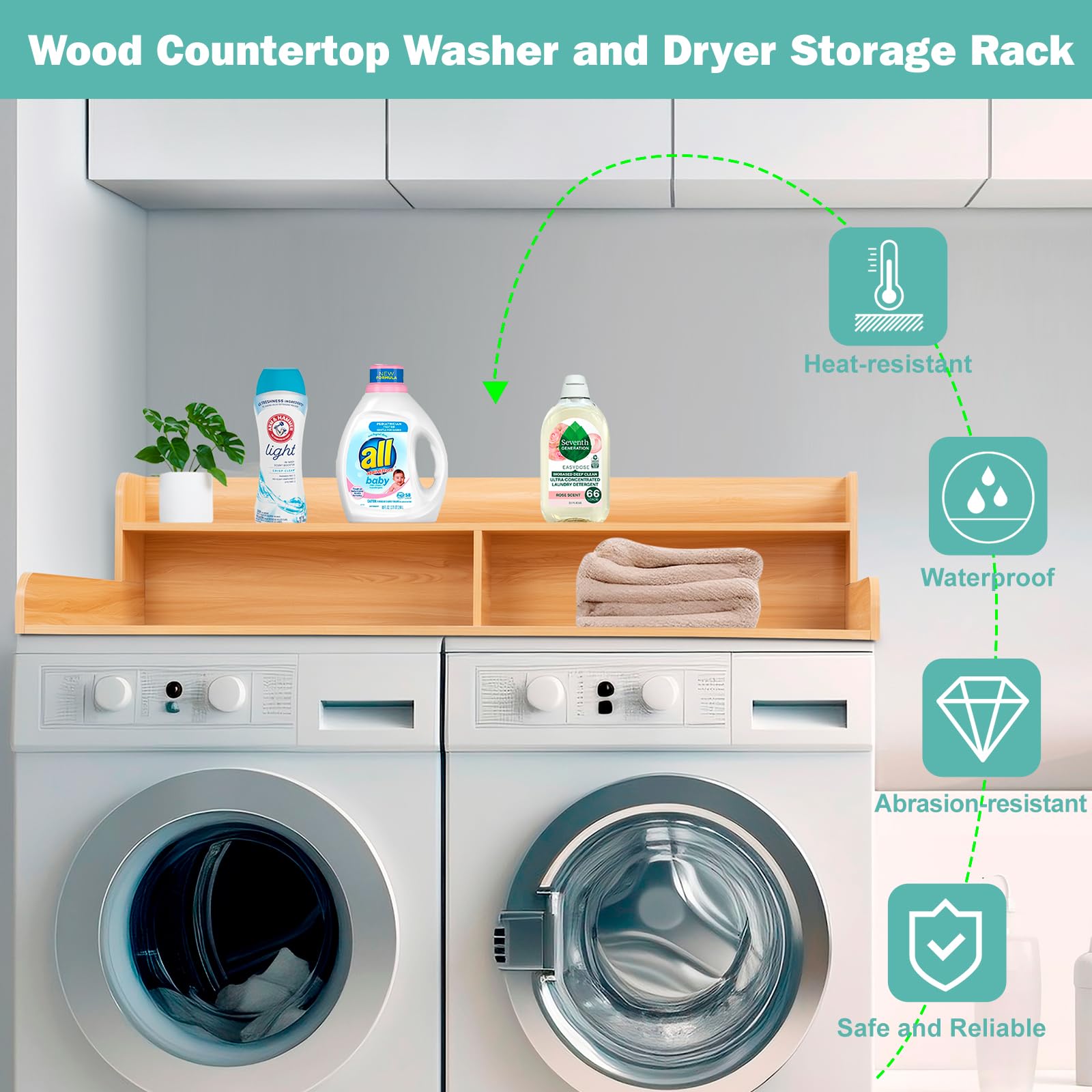 Yakucho Laundry Countertop with 2-Layer Shelves, Universal Front Load Washer and Dryer Countertop Kit with Storage Space, Solid Wood Countertop for Small Apartment Laundry Rooms Kitchens