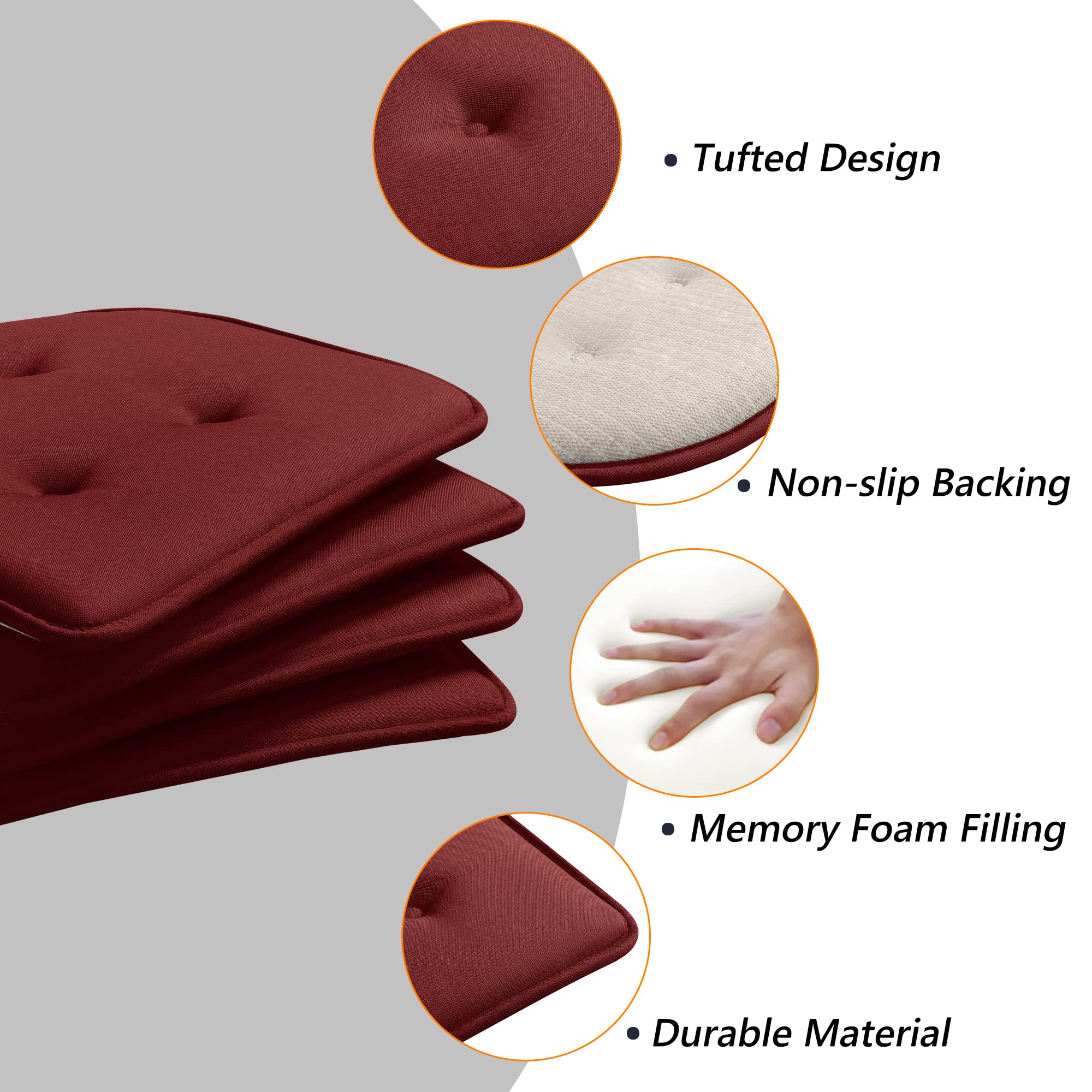 LOVTEX Kitchen Chair Cushions Set of 6, Non Slip Chair Pads for Dining Chairs 6 Pack, Black 17 x 16 Tufted Memory Foam Seat Cushions for Kitchen Chairs