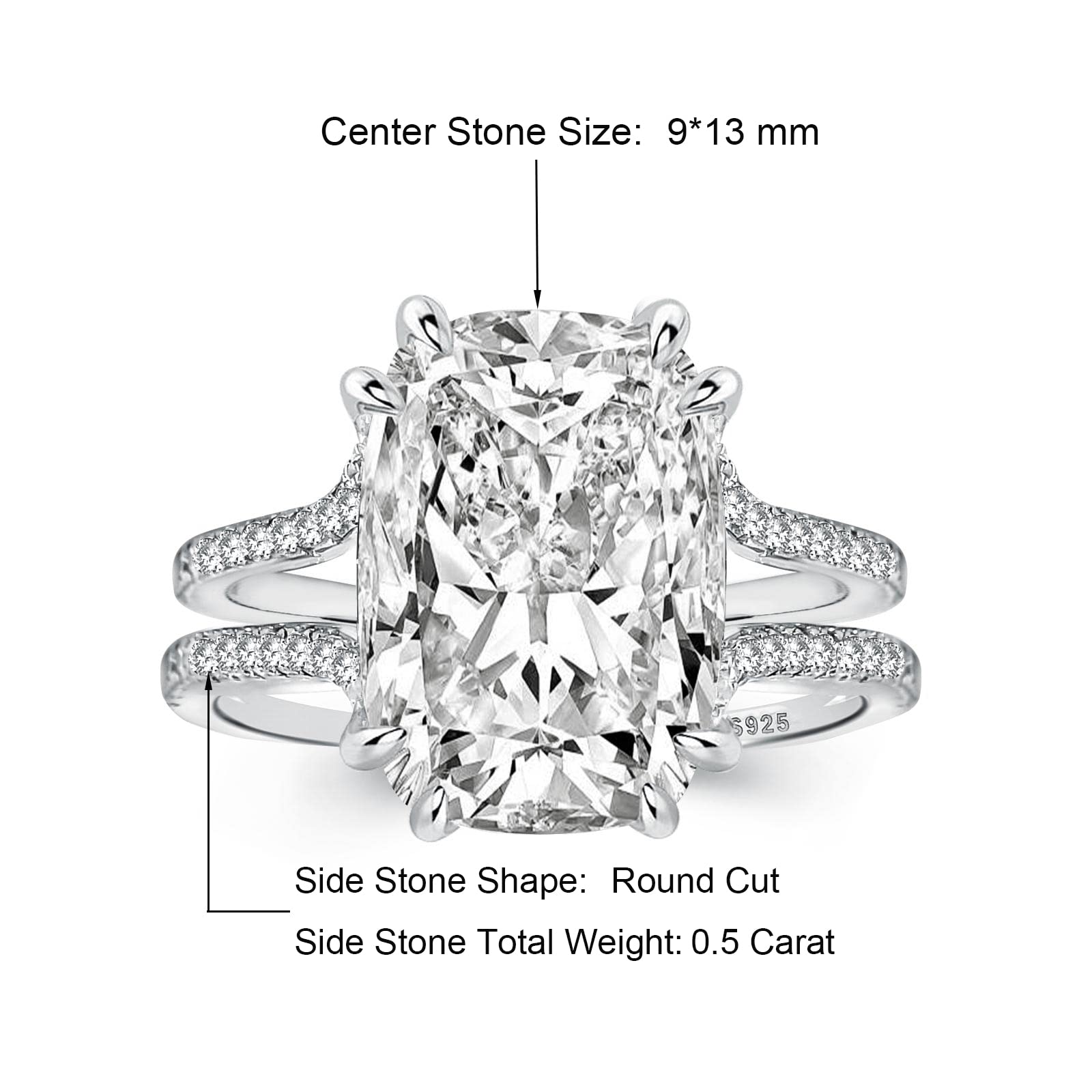 RODIFFY 6CT Gorgeous Split Shank Cushion Cut Promise Ring for Women,Simulated Diamond Engagement Ring in Silver(Size:7)