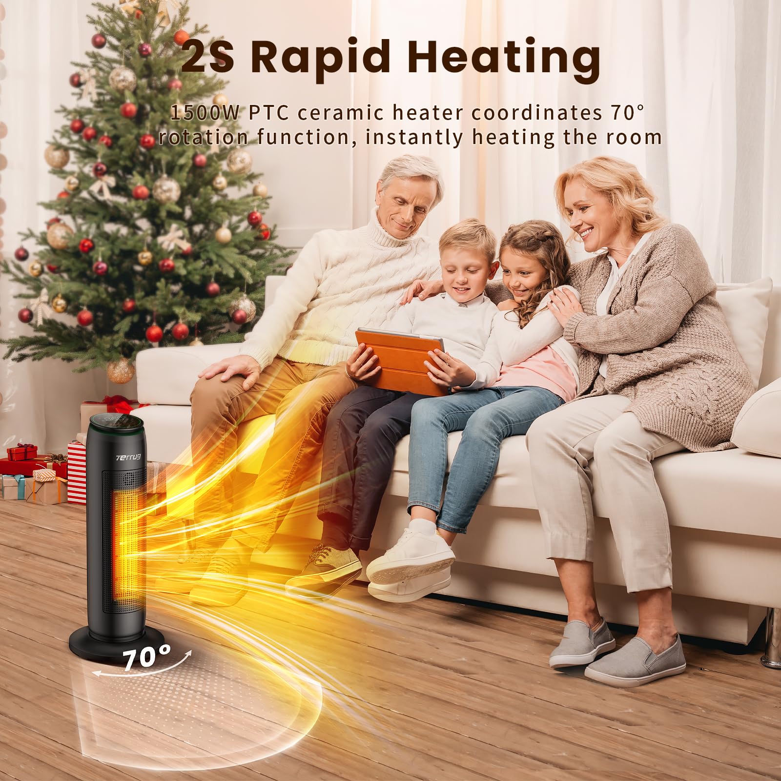 Terrug Space Heaters for Indoor Use, 22” 1500W Fast Heating Ceramic Heater for Large Room Office, Electric Space Heater with ECO Thermostat, Remote, 70° Oscillating, Tip-Over Protection, 24H Timer