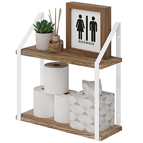 Wallniture Modena 2-Tier Bathroom Organizer, Wall Shelves for Kitchen Organization, Laundry Decor Wall Bookshelves Living Room Burnt Finish, White Bracket