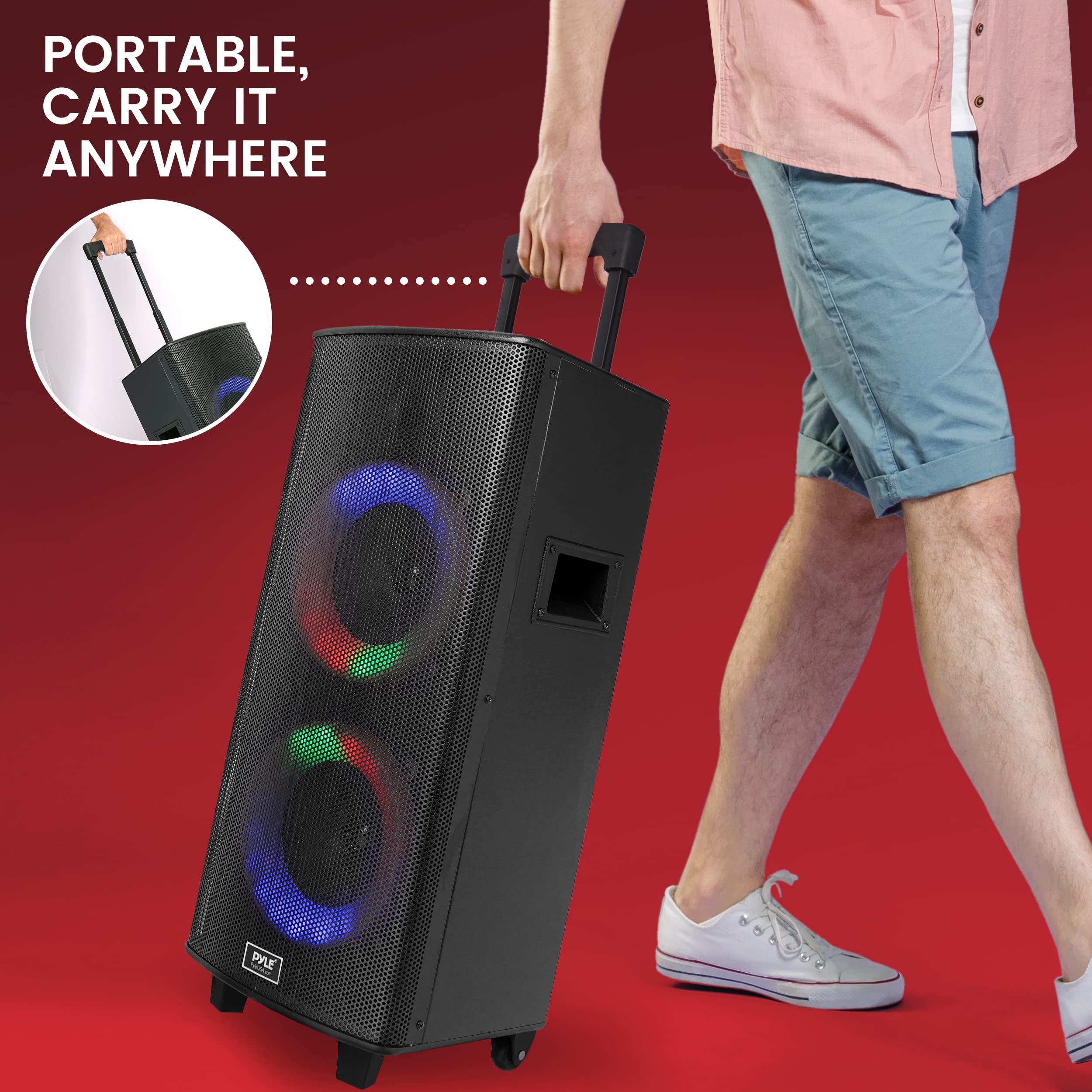 Pyle Portable Bluetooth PA Speaker System - 700W Dual 8β Rechargeable Speaker, TWS, Party Light, LED Display, FM/AUX/MP3/USB/SD, Wheels, Wireless Mic, Remote Control, Tablet Holder Included