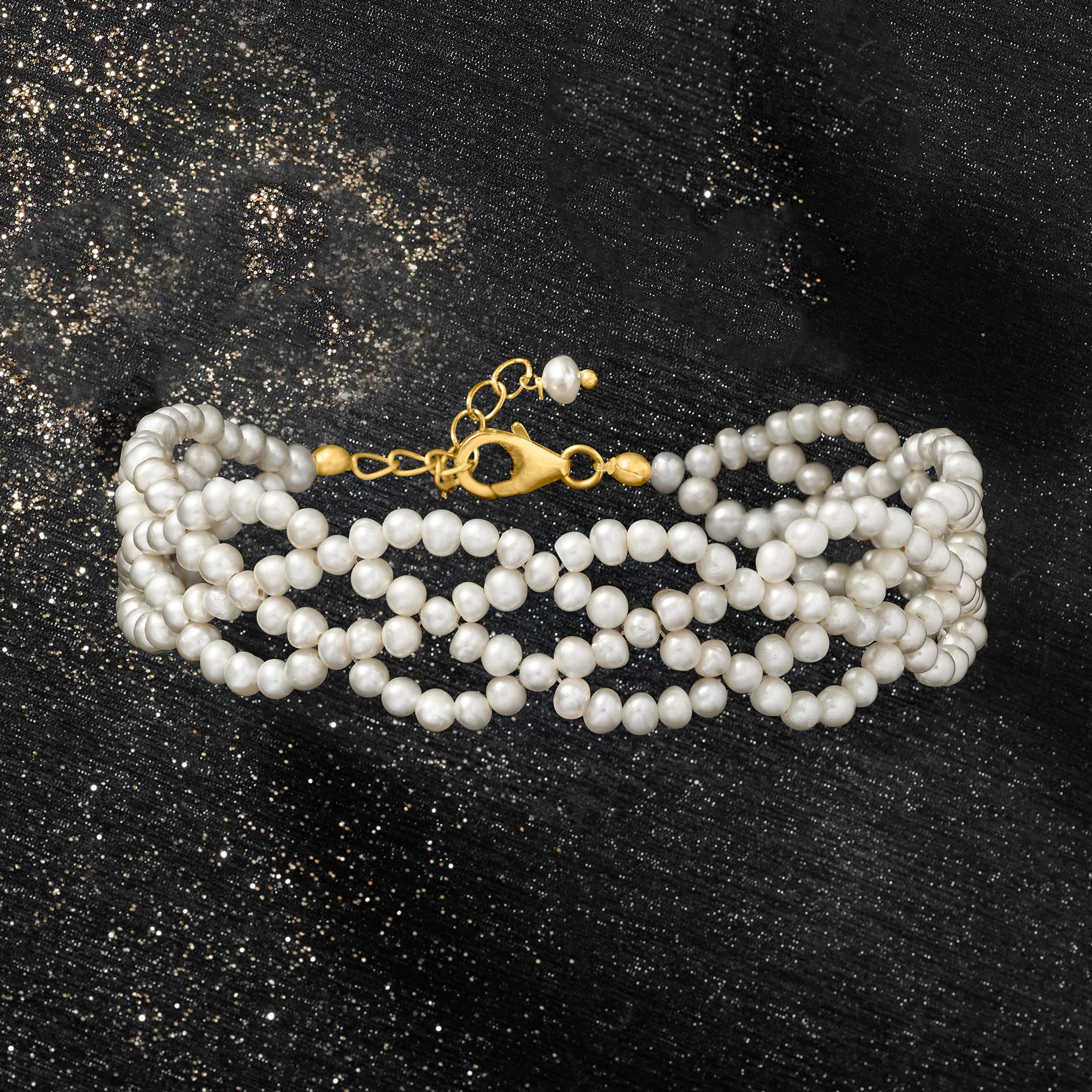Ross-Simons 3-3.5mm Cultured Pearl Lace-Style Bracelet With 18kt Gold Over Sterling. 7 inches