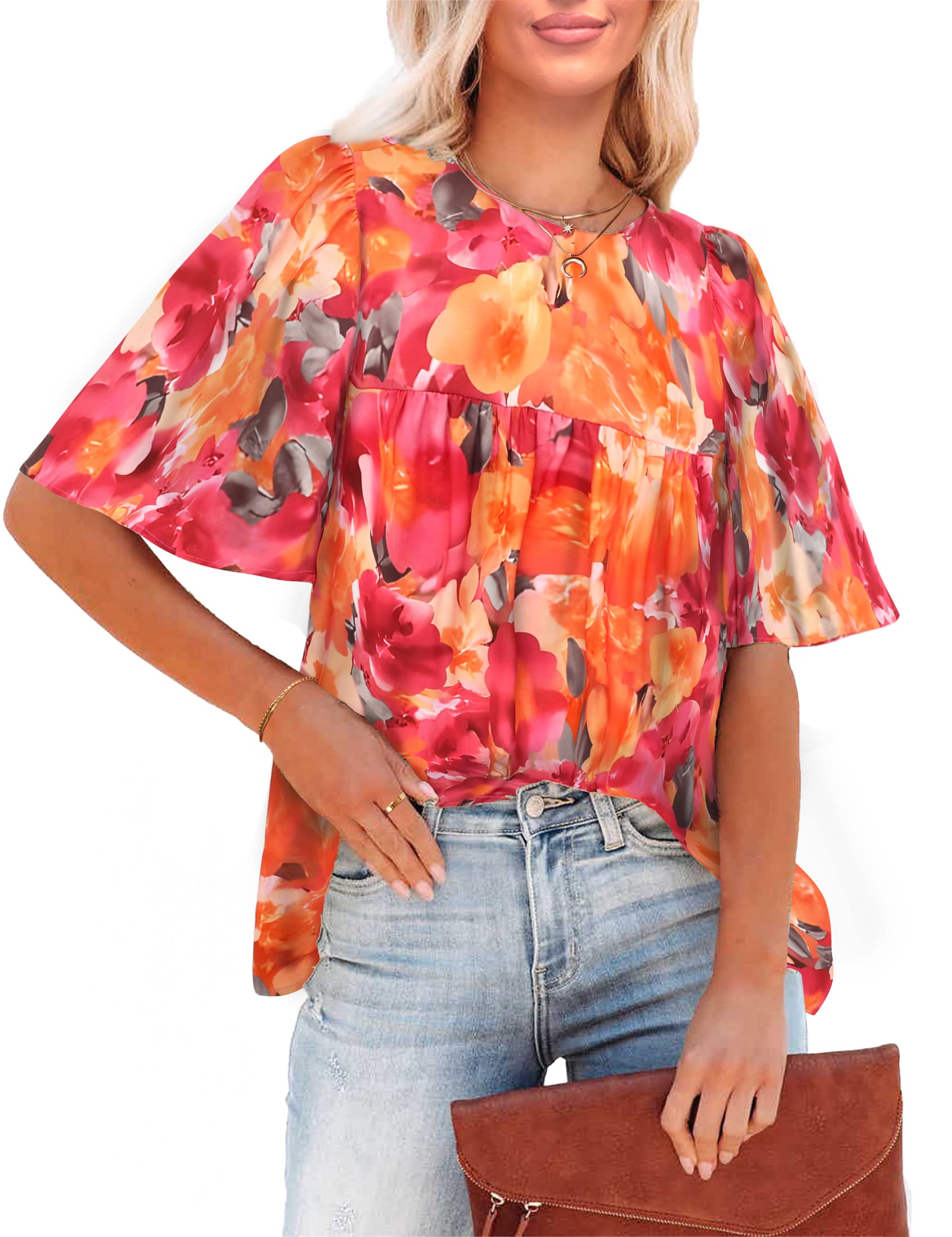 luvamia Bell Sleeve Blouses for Women Casual Floral Boho Babydoll Womens Blouses and Tops Dressy Work Tops for Women Floral Shirts for Women Orange Pink Floral Size XX-Large Fits Size 20 Size 22