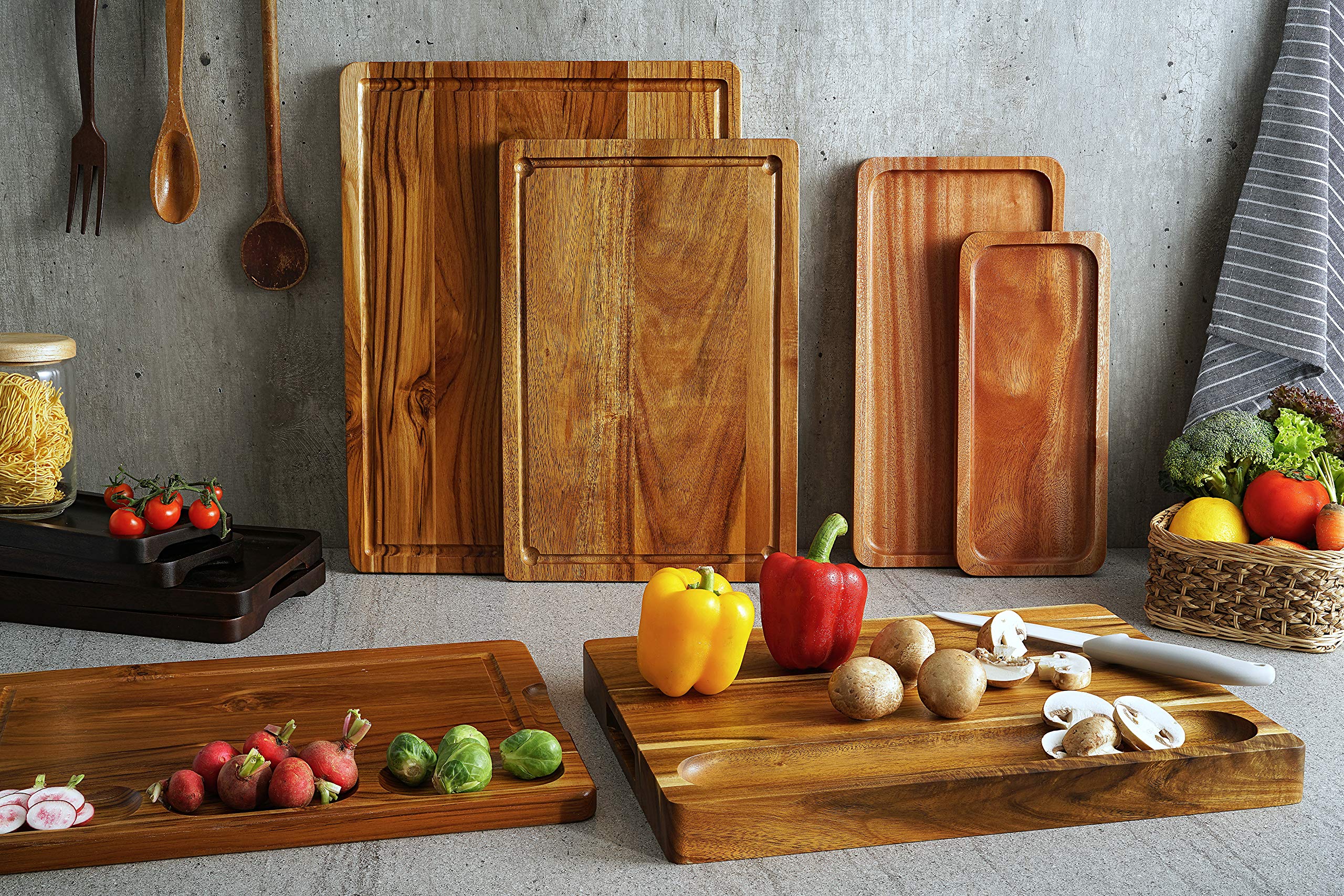 Serving Tray and Platter (Set of 4)(14.5’’x7’’X0.8 and 12’’x 5’’x0.8) Solid Natural Wood for Food Holder/BBQ/Party Buffet, Avoid Sliding Spilling Food with Easy Carry Grooved Handle Design