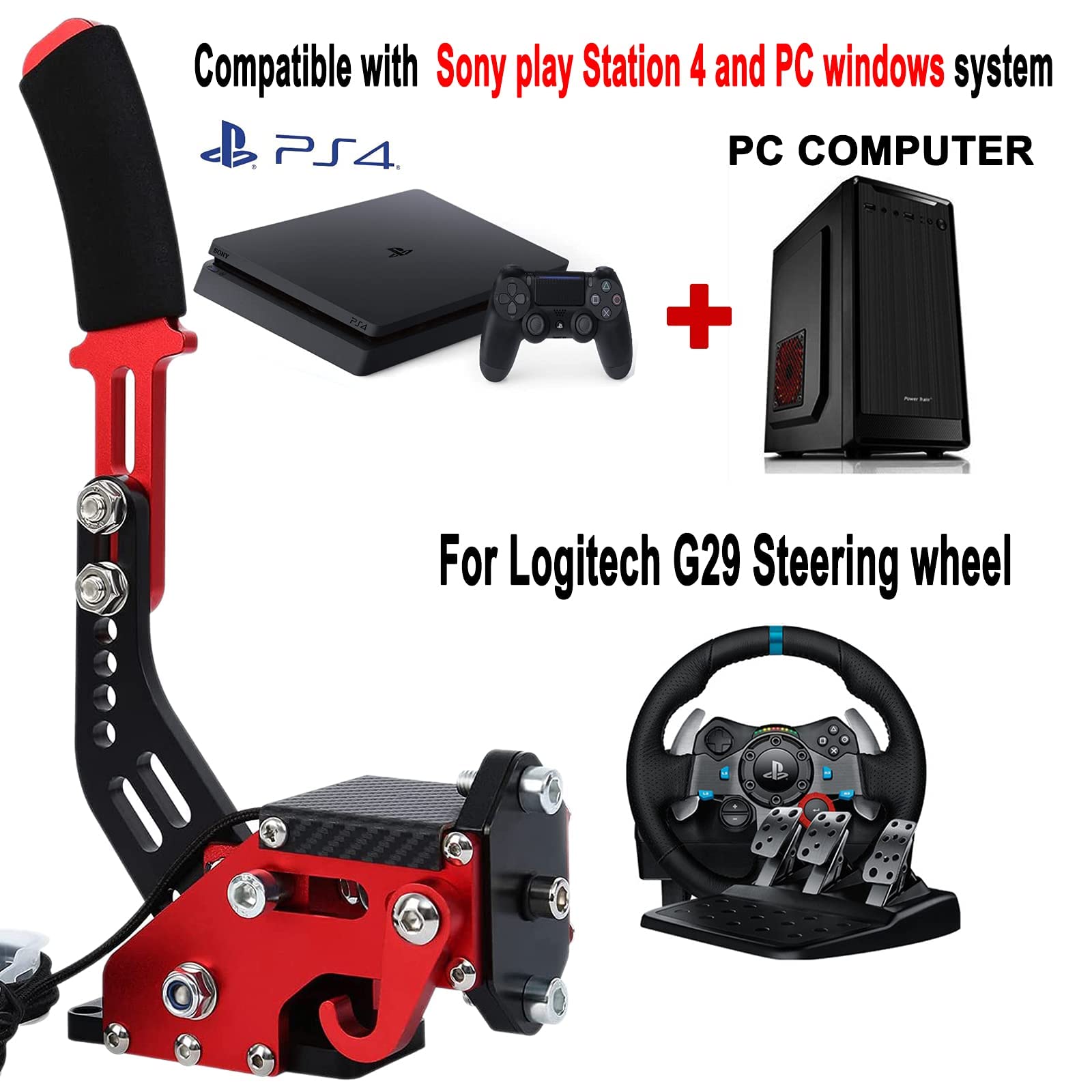 Obokidly Upgrade 2-IN-1 USB Handbrake Support G29 Compatible With PS4/PS5 + PC For Simracing Game Sim Rig With Clamp (Support G29 With Clamp, Red)