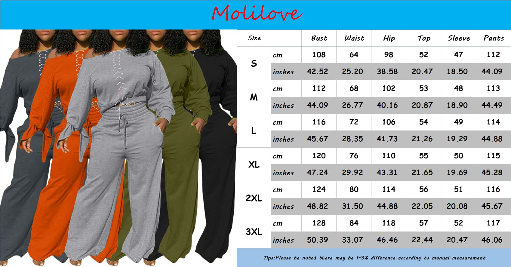 Molilove Women’s Solid Sweatsuit Set 2 Piece Long Sleeve Bandage Pullover and Drawstring Sweatpants Workout Outfits Sets Orange Medium