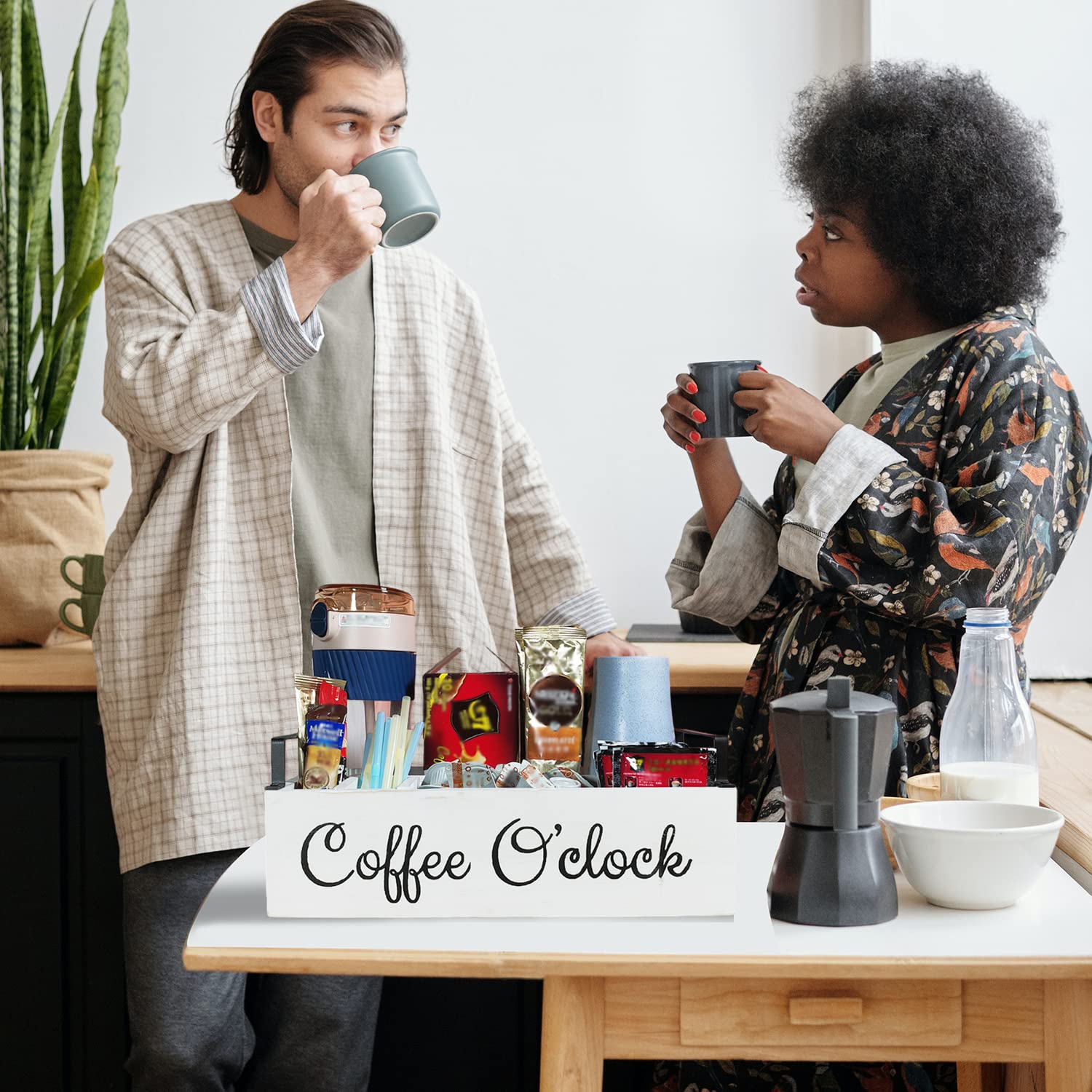 QUALLON Coffee Station Organizer with Small Removable Dividers, Wooden Coffee Bar Accessories Storage For Countertop, Farmhouse Kcup Coffee Pod Holder Basket With Handle For Coffee Lover - white