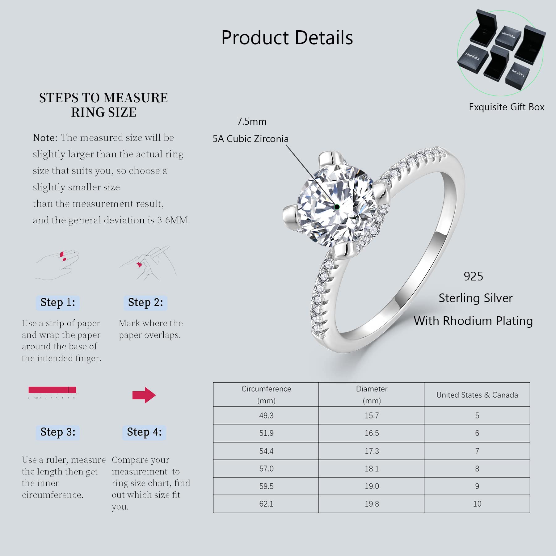 Romieka Rings Engagement Ring for Women 925 Sterling Silver with 14K White Gold Plated 5A CZ Wedding or Anniversary Rings,Size6