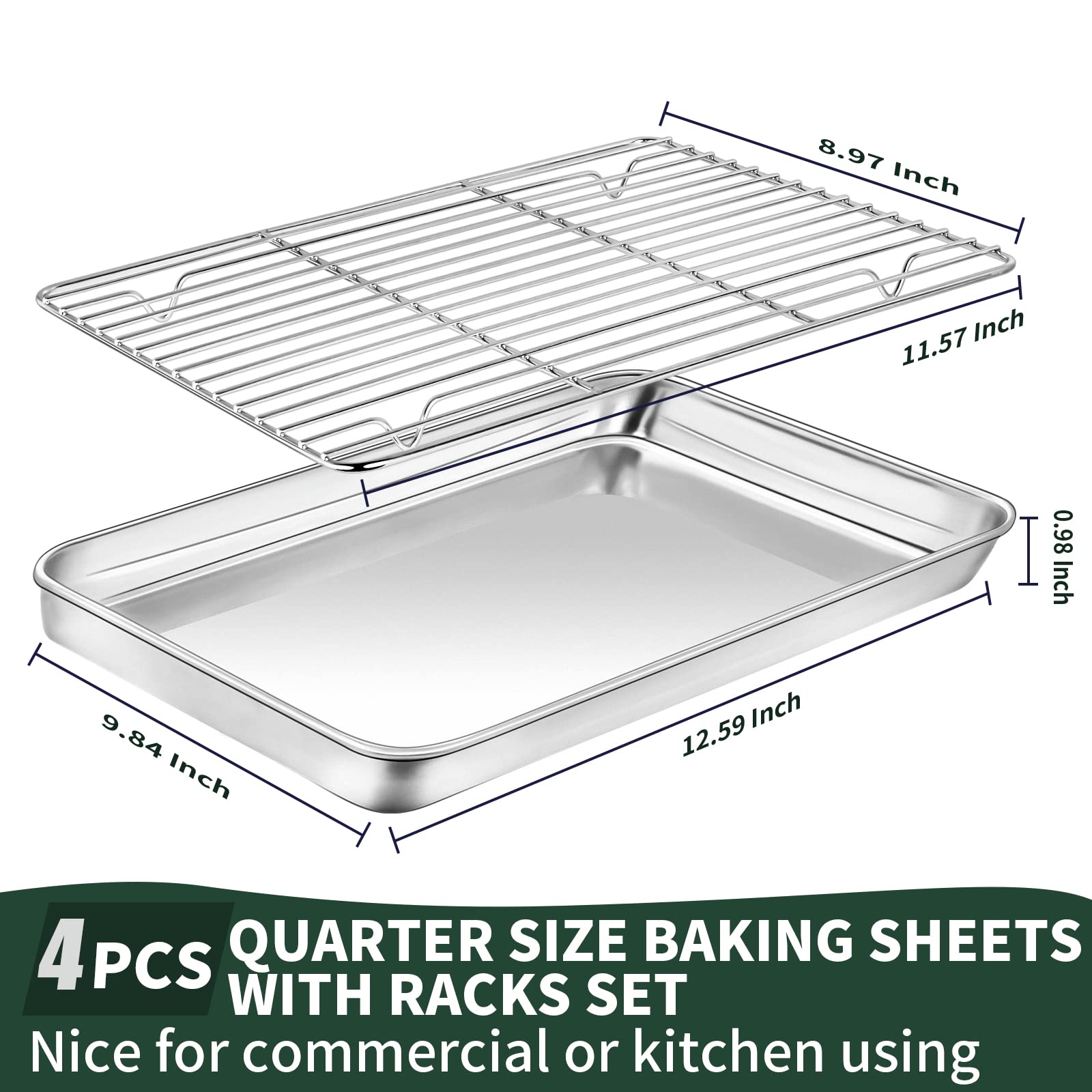 Quarter Sheet Pan with Wire Rack Set [2 Baking Sheets + 2 Cooling Racks], CEKEE Stainless Steel Cookie Sheets for Baking with Baking Rack, Nonstick Heavy Duty & Dishwasher Safe, Size 12 x 10 x 1 Inch