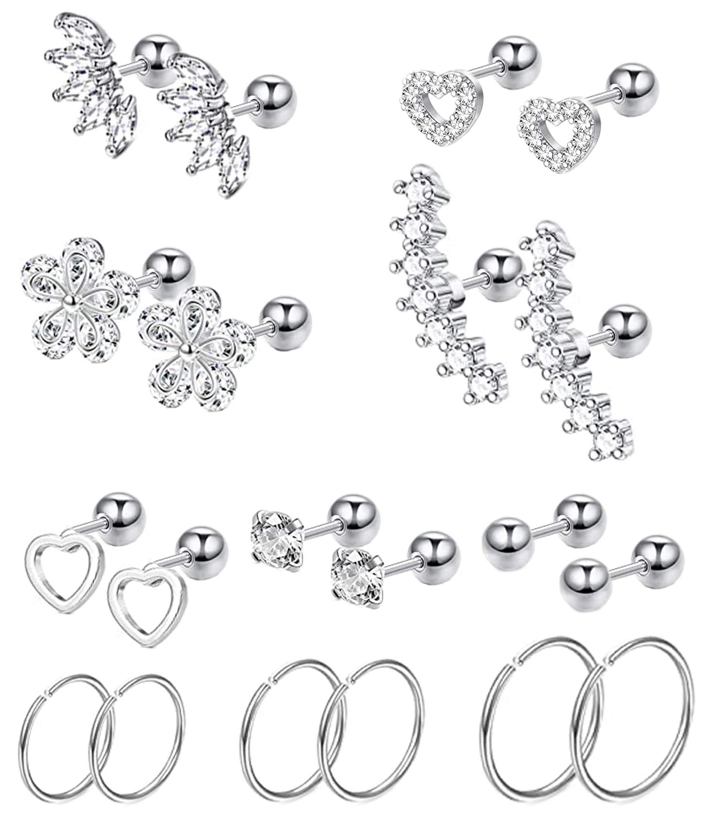 Masedy 10Pairs Stainlesss Steel Cartilage Stud Earrings for Women Helix Tragus Couch Hoop Piercing Earrings Set 10S