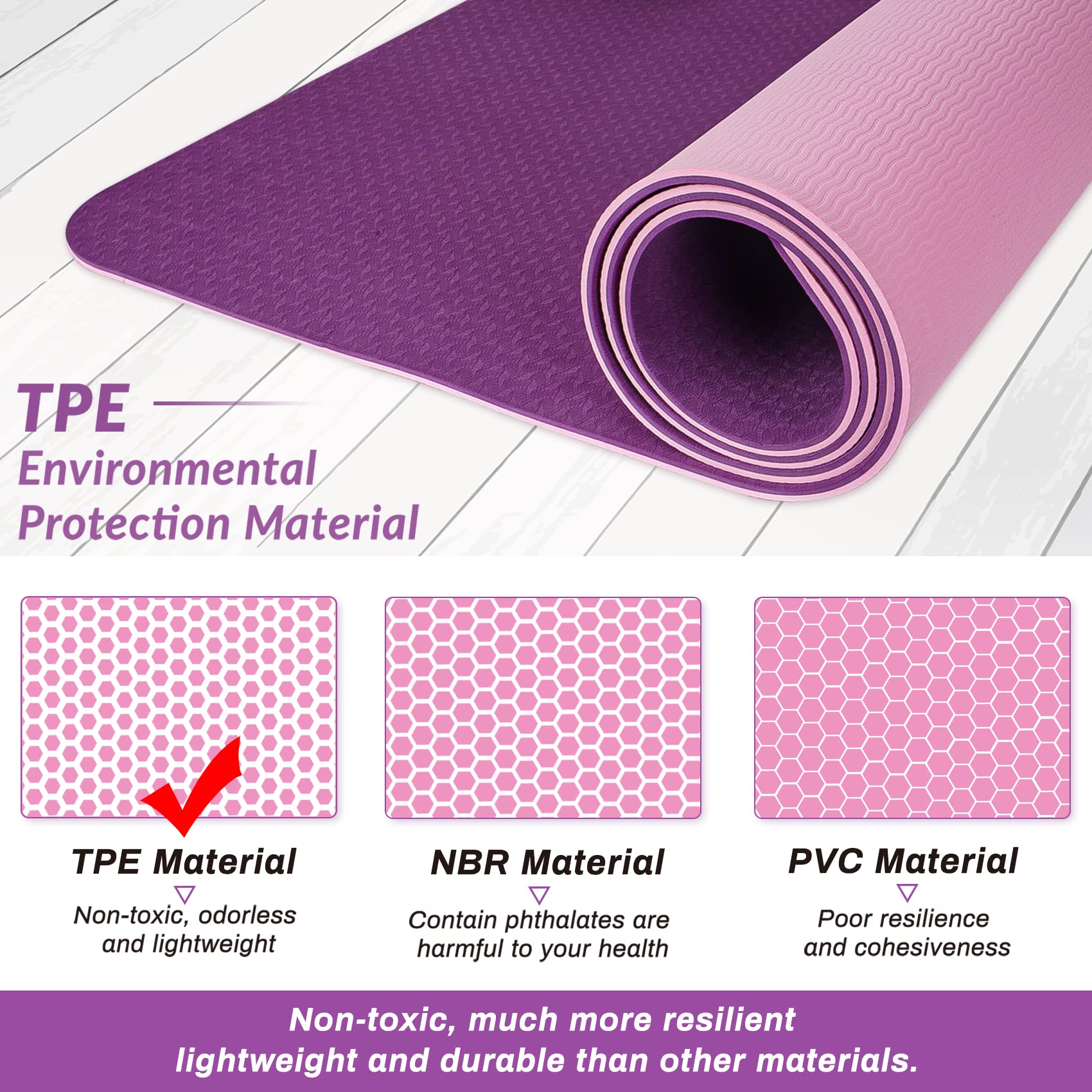 Non-Slip Yoga Mat, Eco Friendly TPE Workout Mat with Strap and Bag, 1/3 Inch Thick, 72”x 24”, Comfortable and Easy to Carry, Purple