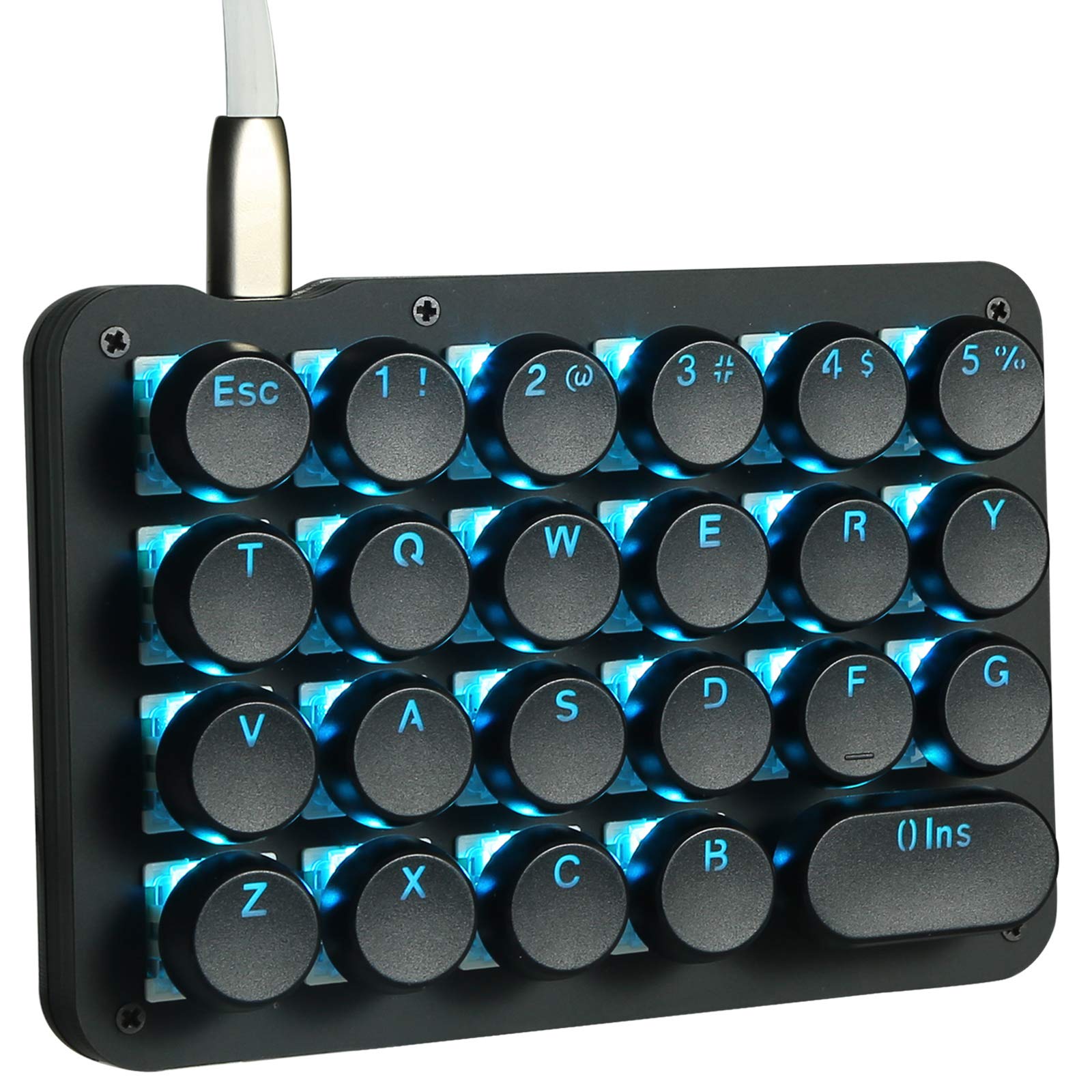 Koolertron One Handed Macro Mechanical Keyboard,Blue LED Backlit Portable Mini One-Handed Mechanical Gaming Keypad 23 Fully Programmable Keys Red Switches with Retro Classic Typewriter Round Keycaps