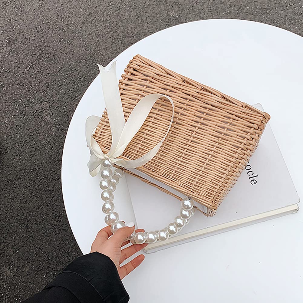 Pearl Handle Rattan Handbag, Straw Shoulder Bag Tote Bags, Mini Basket Handbag