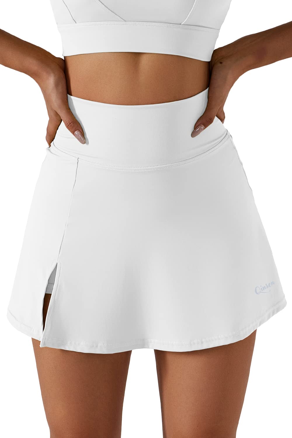 QINSEN Womens Slimming Fit Yoga Skorts Soft Stretch Tummy Control Workout Tennis Skirt White S