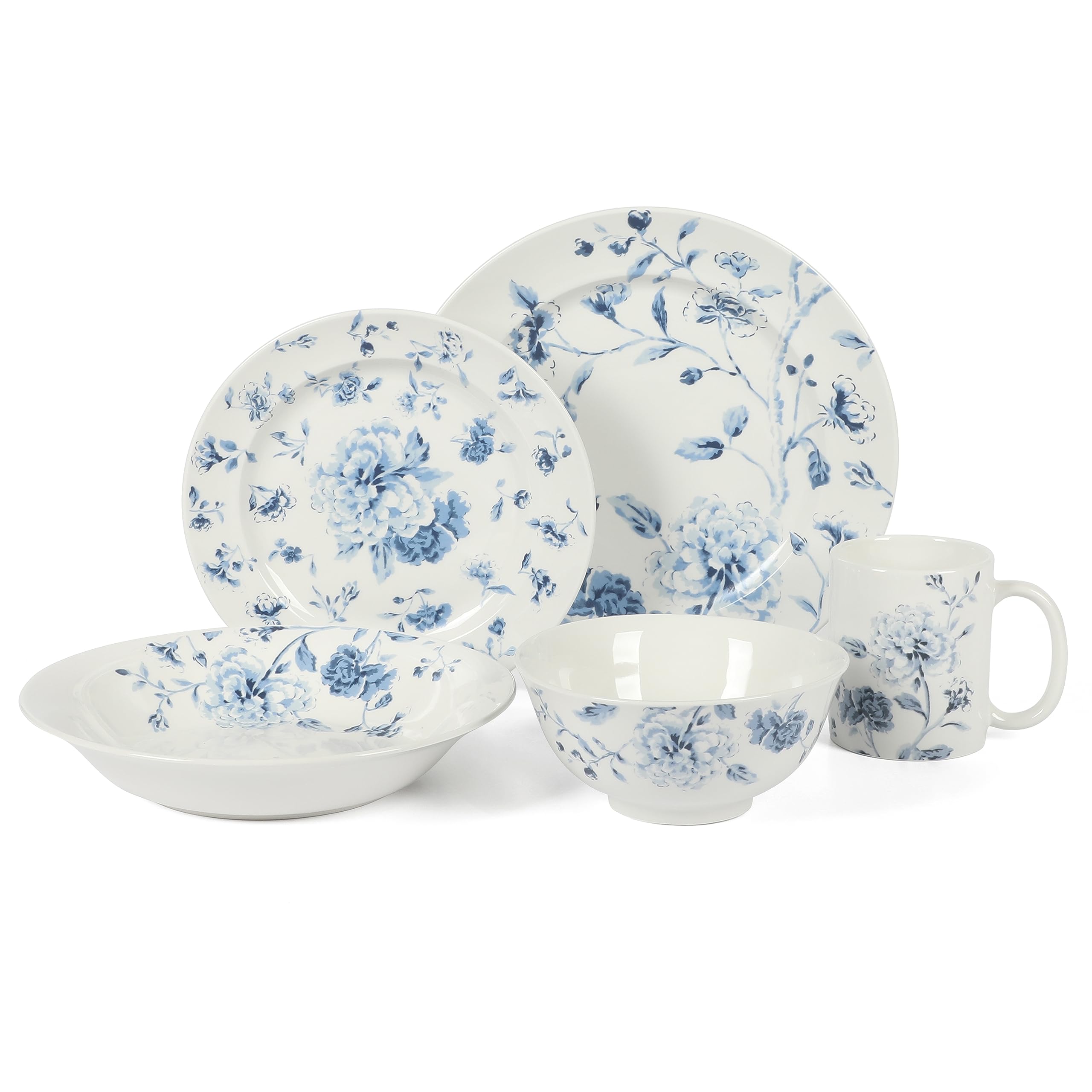 Martha Stewart Empress Bouquet Decorated Porcelain Dinnerware Plates and Bowls Set - Blue Floral, Service for 6 (30pcs)