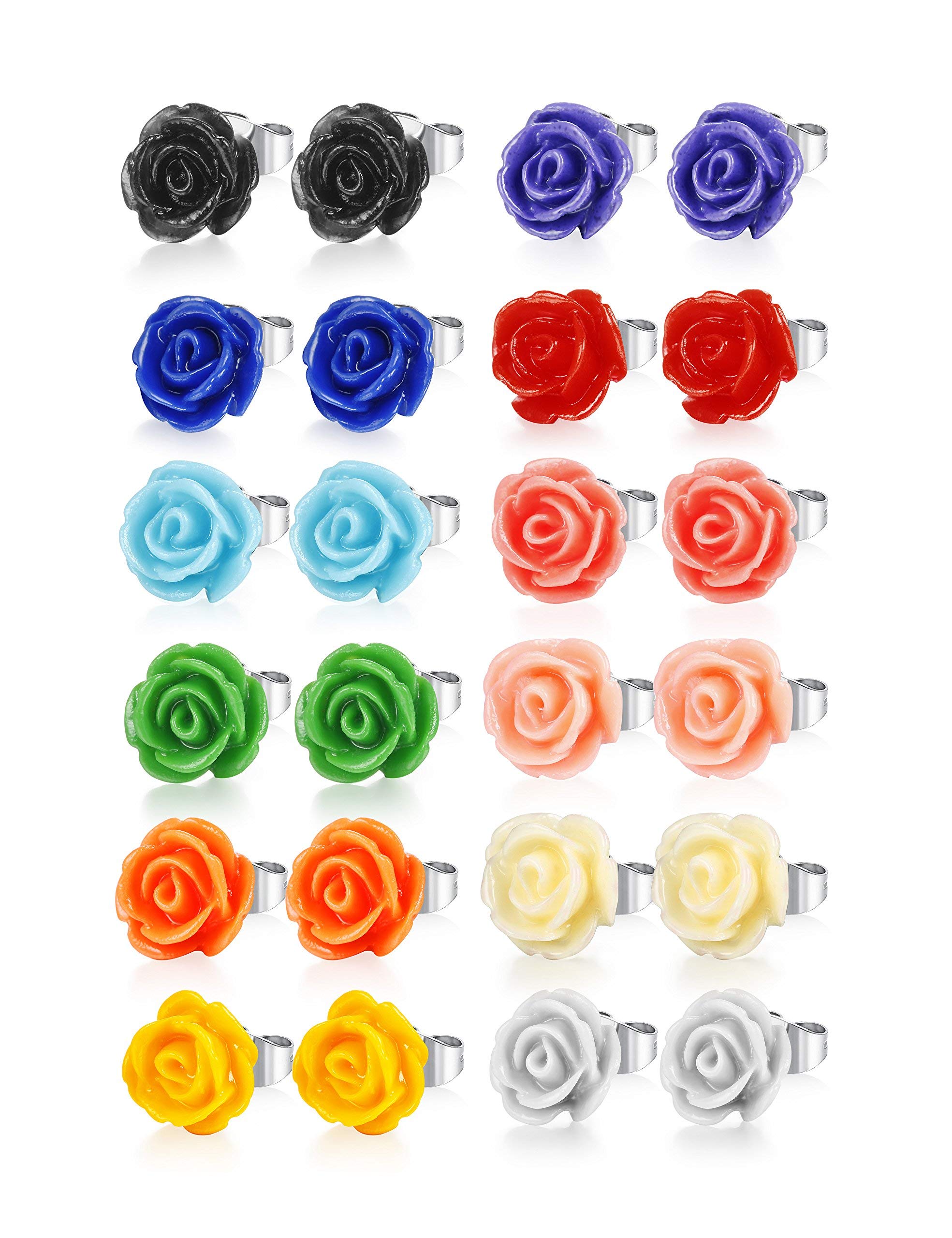 LOYALLOOK 12 Pairs Assorted Colors Resin Rose Flower Earring Studs Set Stainless Steel Post,Nickel-free 10MM