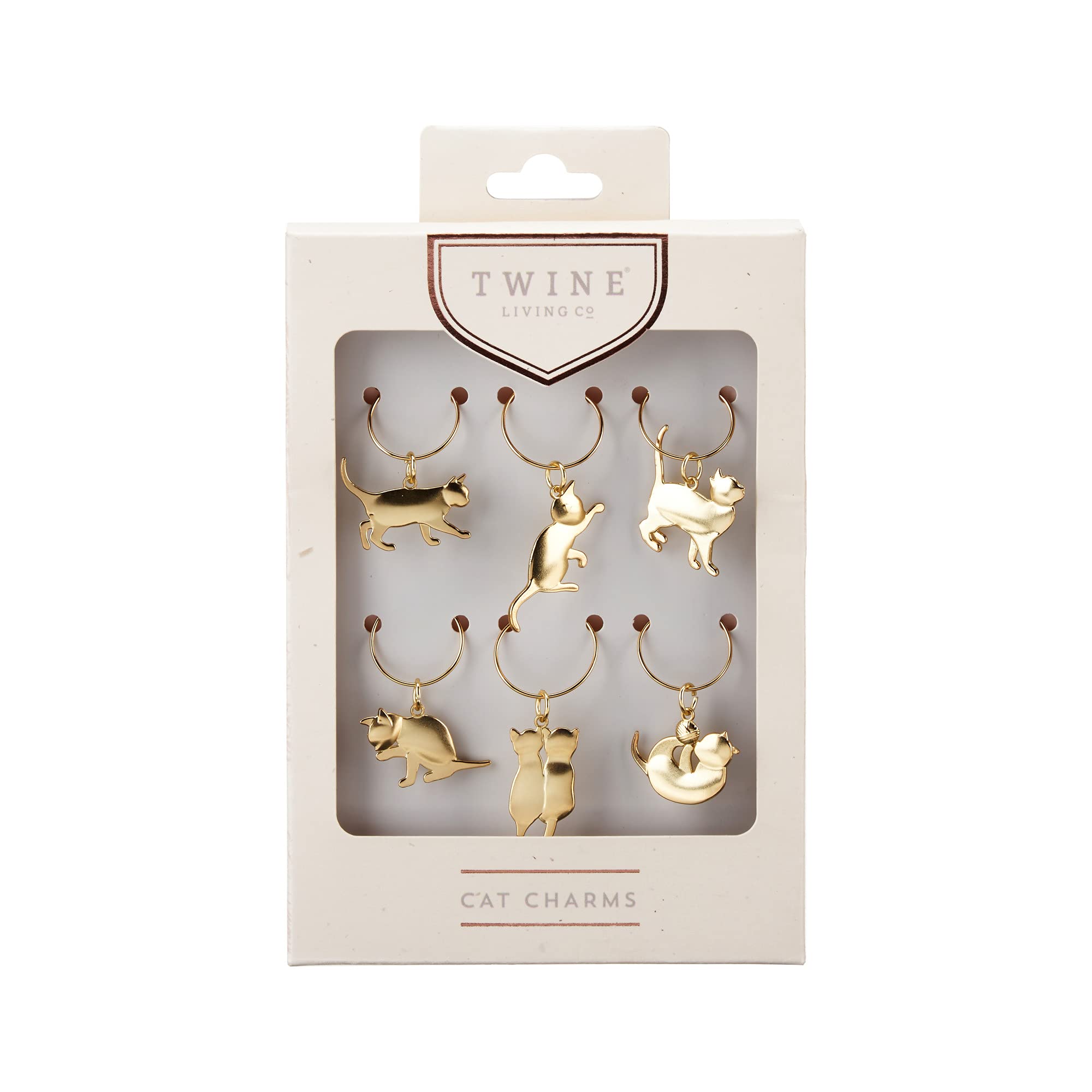 Twine Cat Lovers Wine Charms with Six Unique Designs, Drink Markers for Stemware, Gold
