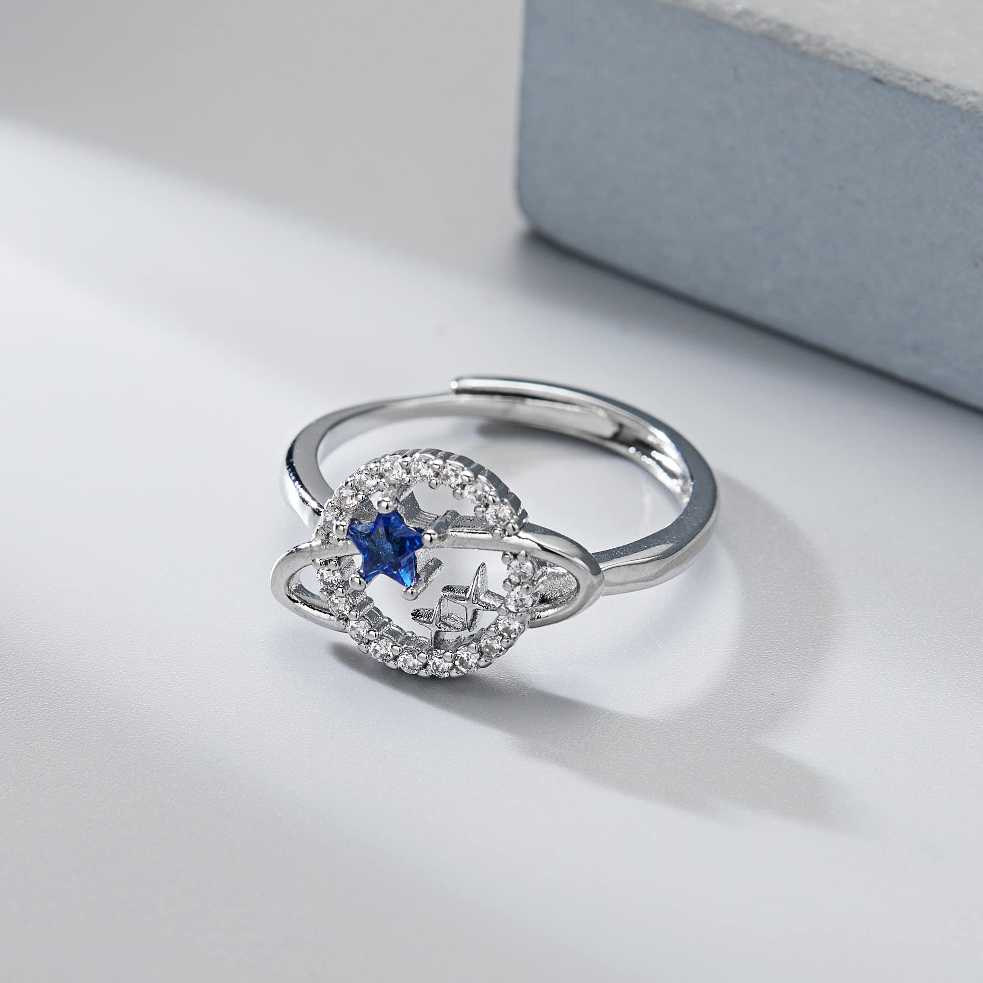 RINHOO Star Rings Halo Ring, Sparkling Cubic Zirconia Planet Stars Ring for Granddaughter, Adjustable Size Material Idea