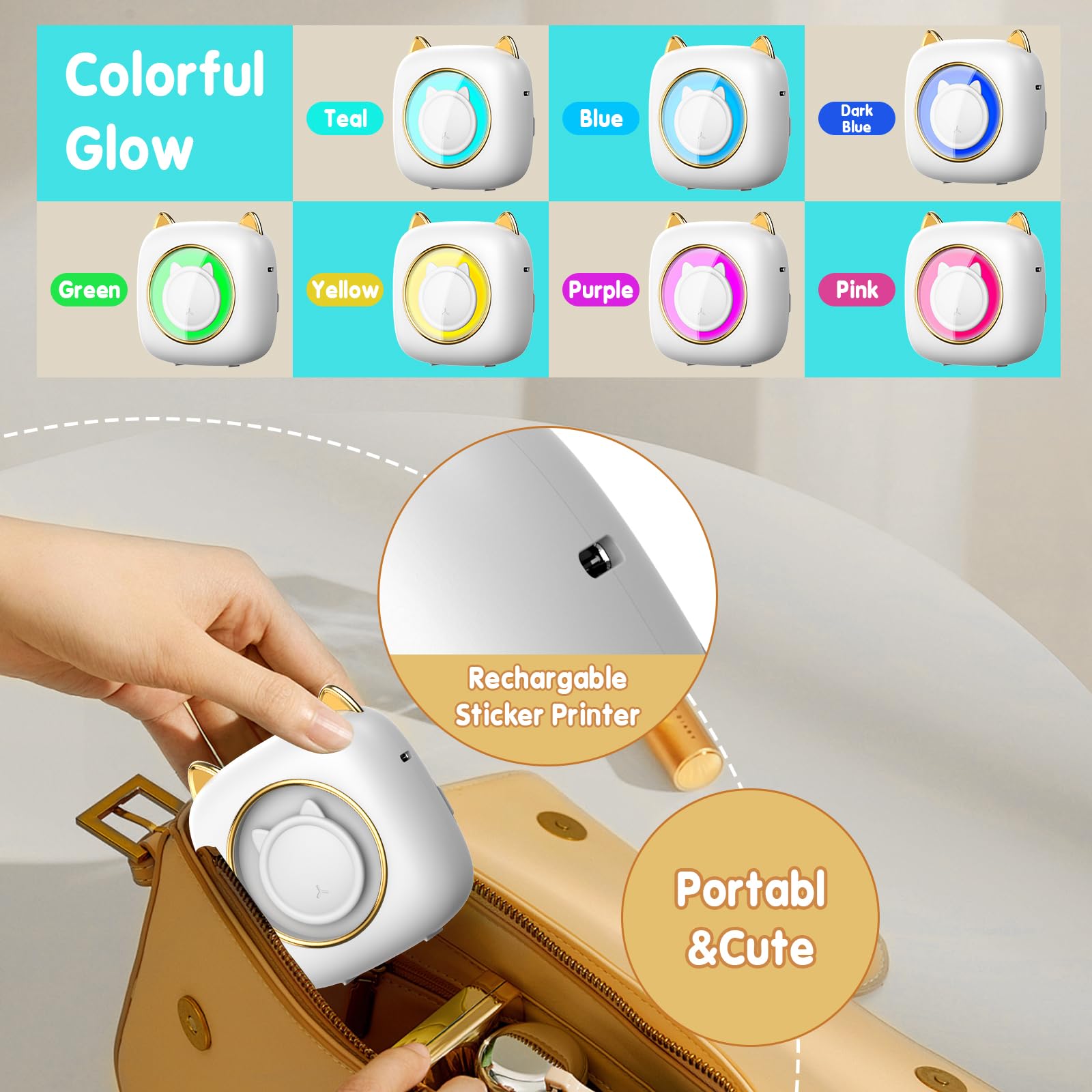 WOVTE Mini Sticker Printer, Portable Bluetooth Thermal Printer with 10 Rolls Thermal Paper, Smal Print Pod, Inkless Pocket Printer for iPhone & Android, Suitable for Notes Memo Kids Gift, White