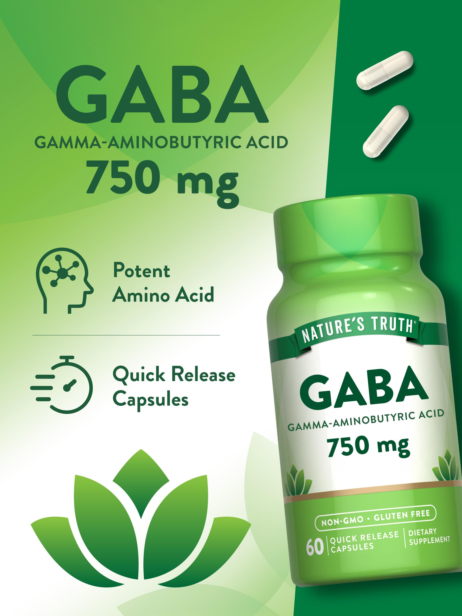 Nature's Truth GABA 750mg | 60 Capsules | Gamma Aminobutyric Acid Supplement | Non-GMO & Gluten Free Supplement